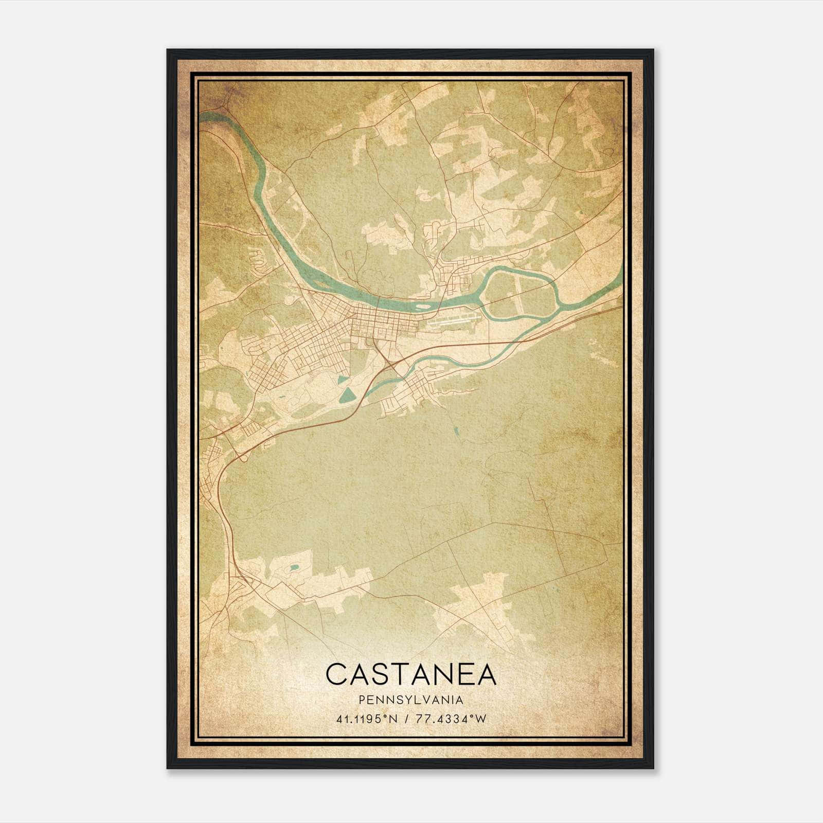 Vintage Castanea Pennsylvania Map Poster, Castanea PA City Road Wall ...