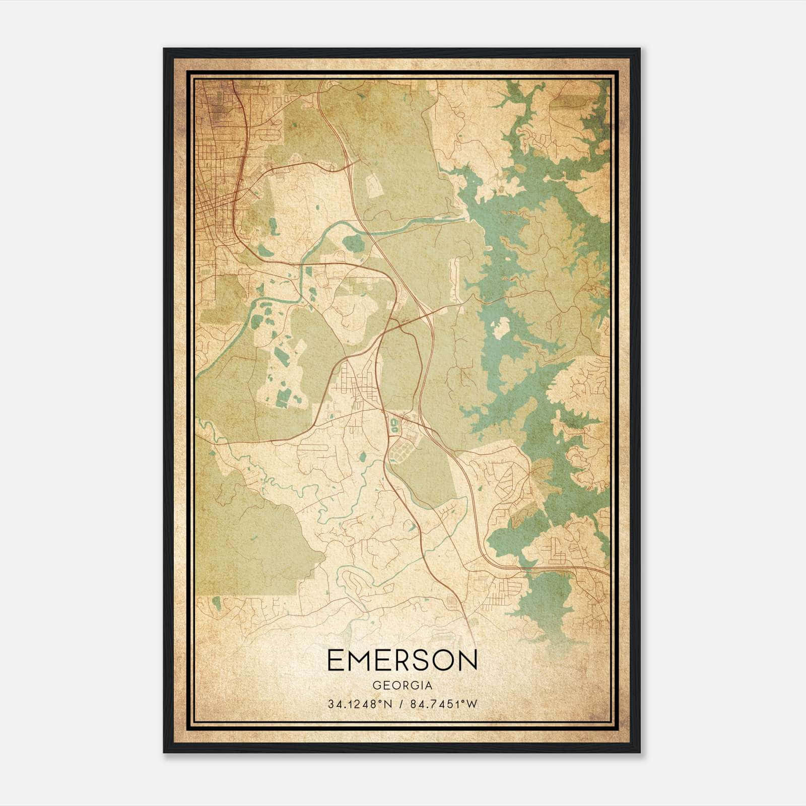 Vintage Emerson Georgia Map Poster, Emerson GA City Road Wall Art Print ...