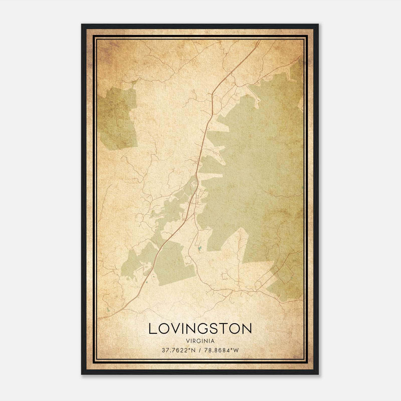 Vintage Lovingston Virginia Map Poster, Lovingston VA City Road Wall ...