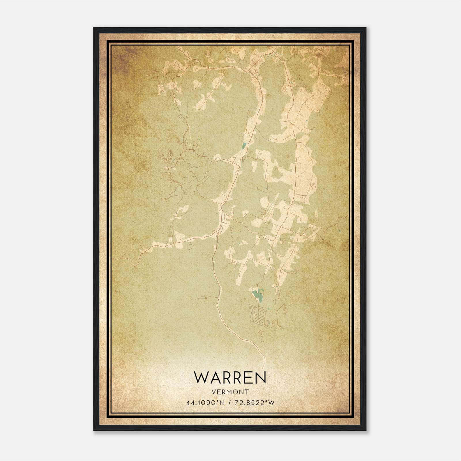 Vintage Warren Vermont Map Poster, Warren VT City Road Wall Art Print ...