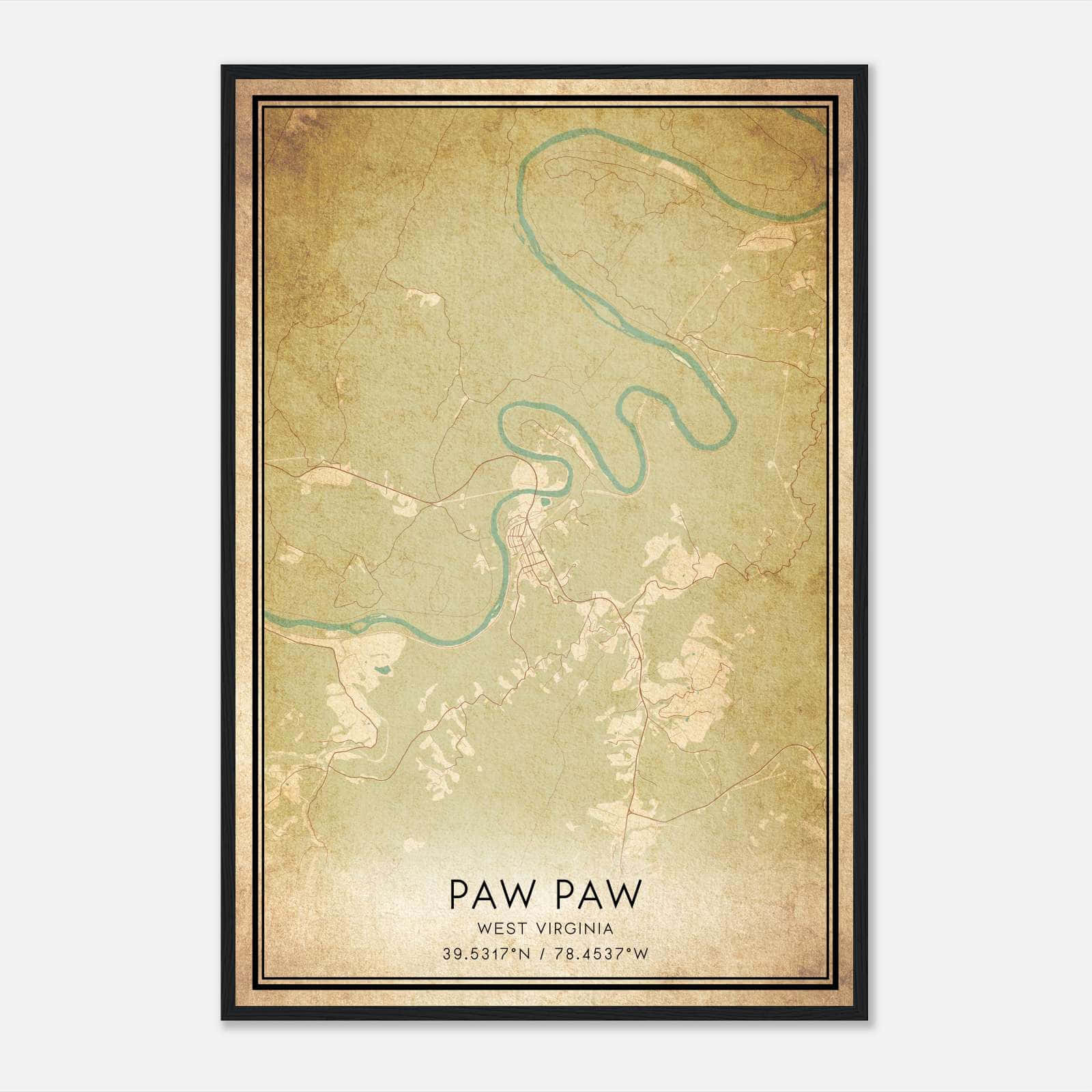Vintage Paw Paw West Virginia Map Poster, Paw Paw WV City Road Wall Art ...