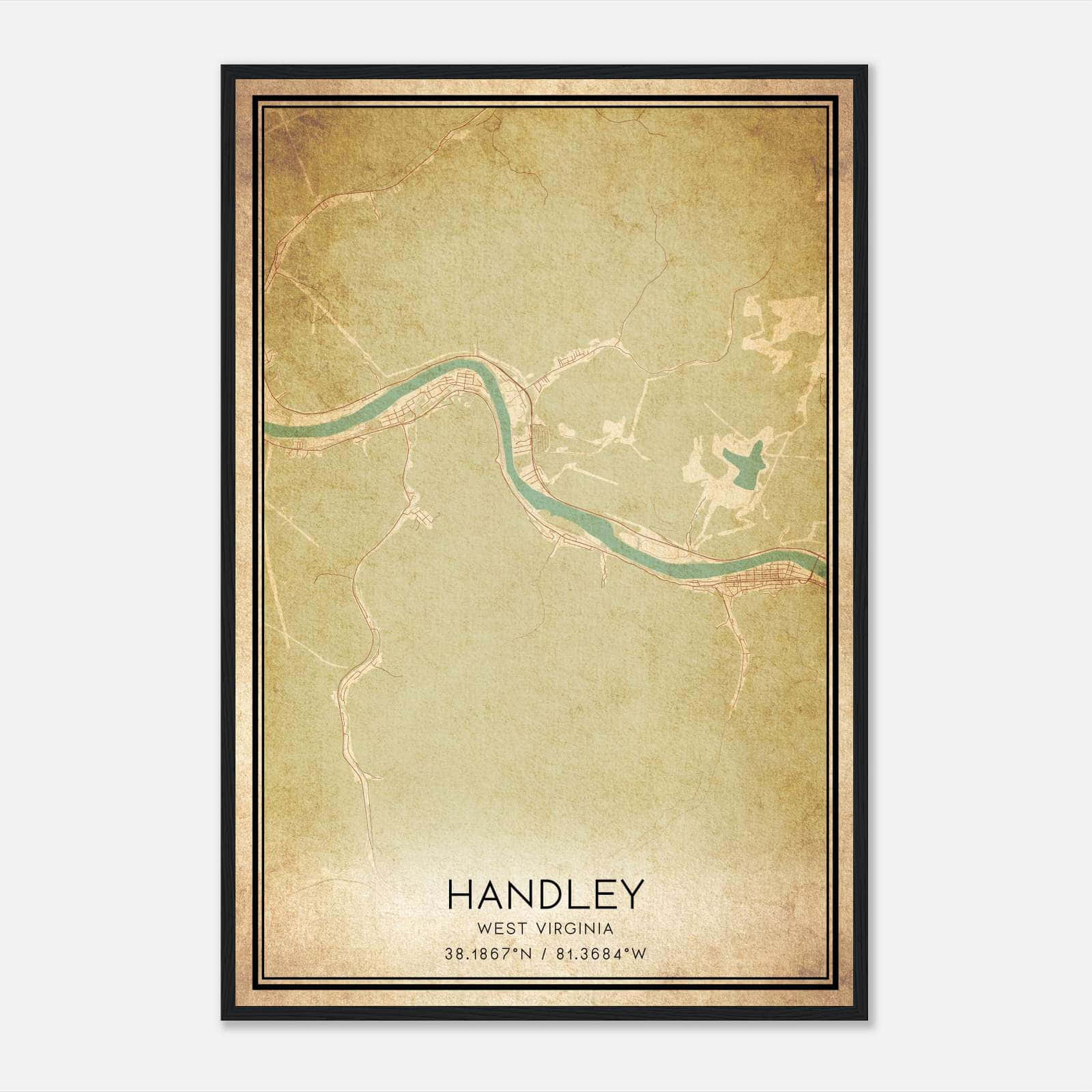 Vintage Handley West Virginia Map Poster, Handley WV City Road Wall Art ...