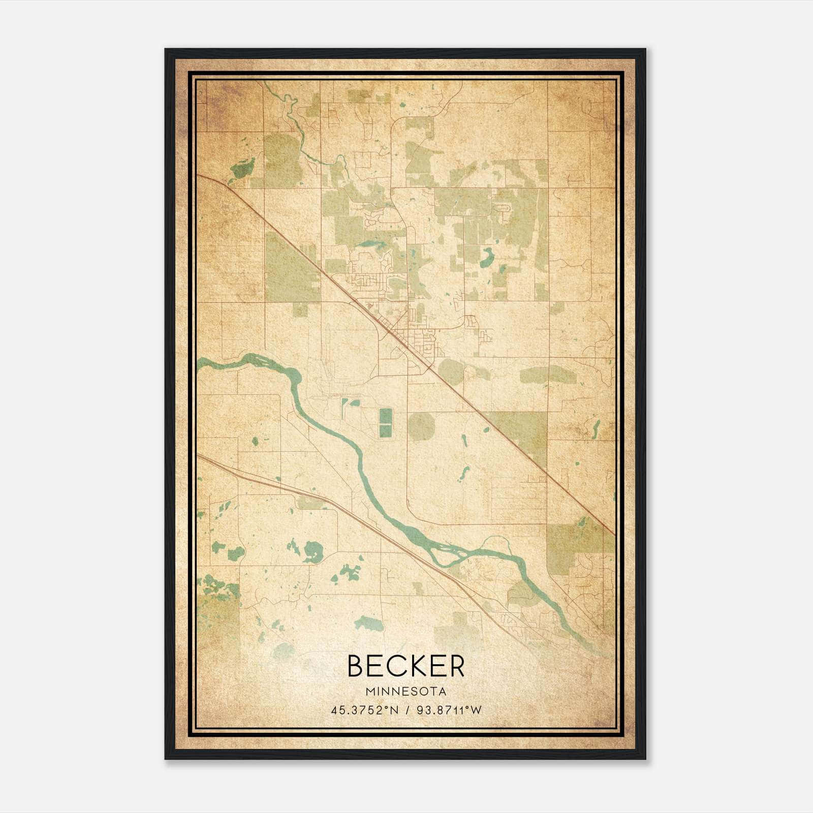 Vintage Becker Minnesota Map Poster, Becker MN City Road Wall Art Print ...