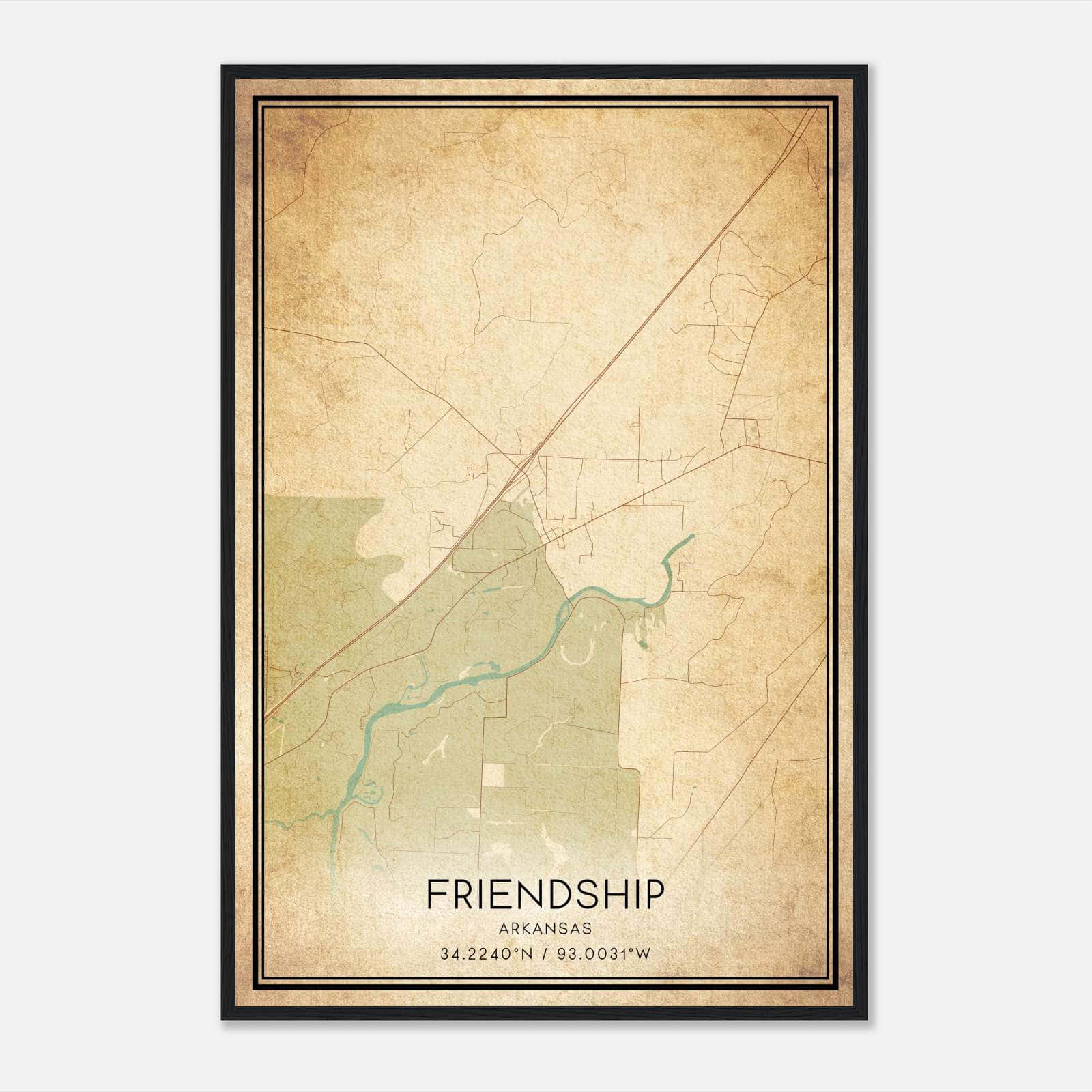 Vintage Friendship Arkansas Map Poster, Friendship AR City Road Wall ...