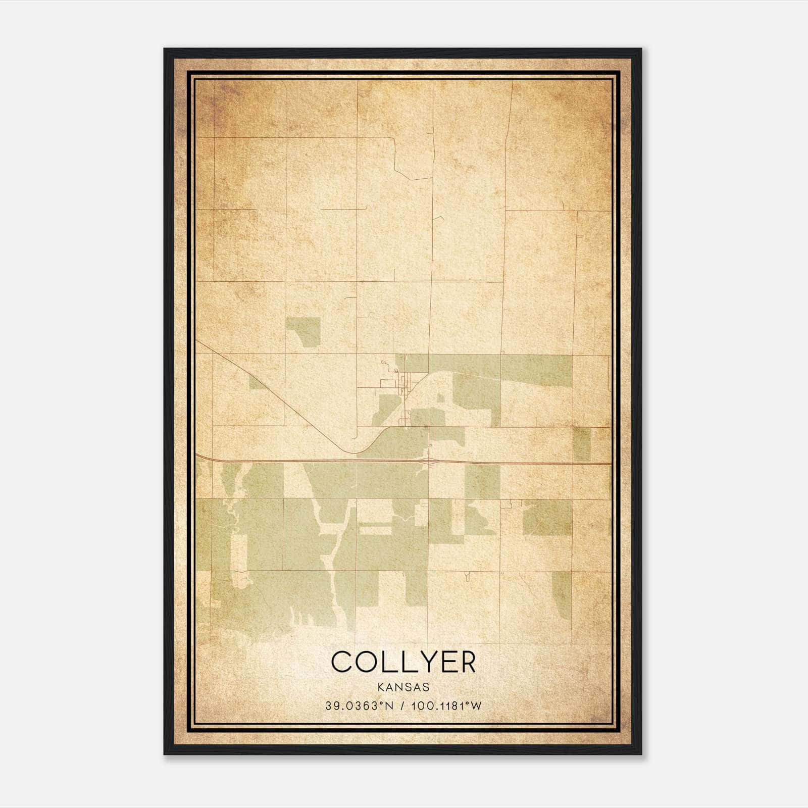 Vintage Collyer Kansas Map Poster, Collyer KS City Road Wall Art Print ...