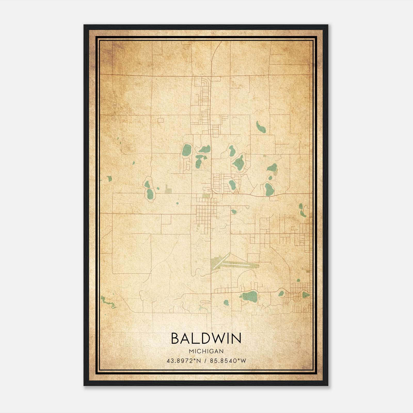 Vintage Baldwin Michigan Map Poster, Baldwin MI City Road Wall Art Print - Custom Maps & Posters