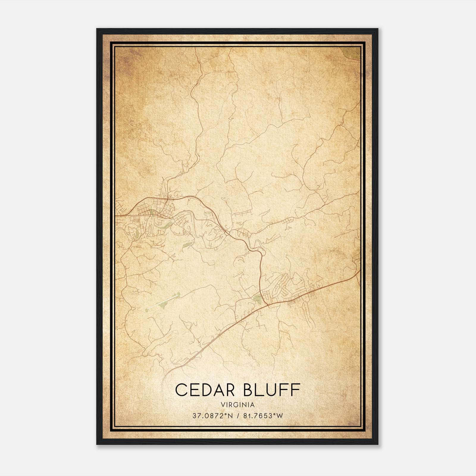 Vintage Cedar Bluff Virginia Map Poster, Cedar Bluff VA City Road Wall ...