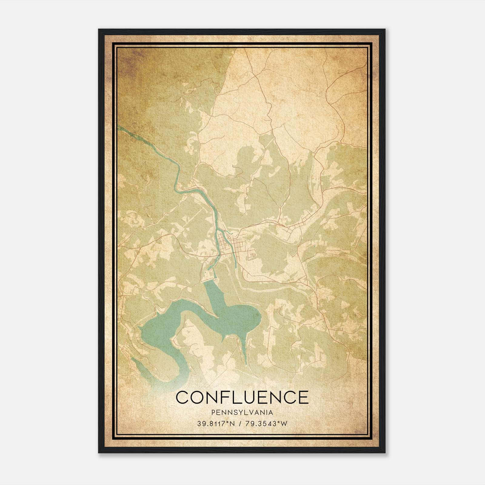 Vintage Confluence Pennsylvania Map Poster, Confluence PA City Road ...