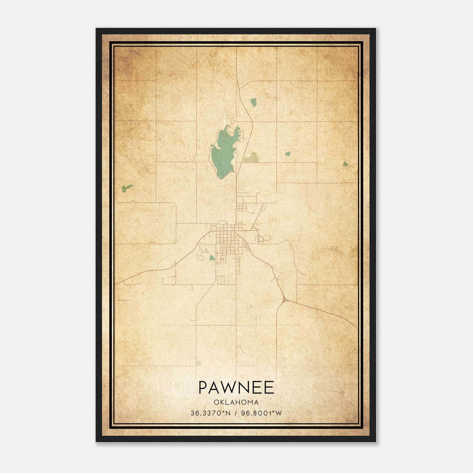 Vintage Pawnee Oklahoma Map Poster, Pawnee OK City Road Wall Art Print ...