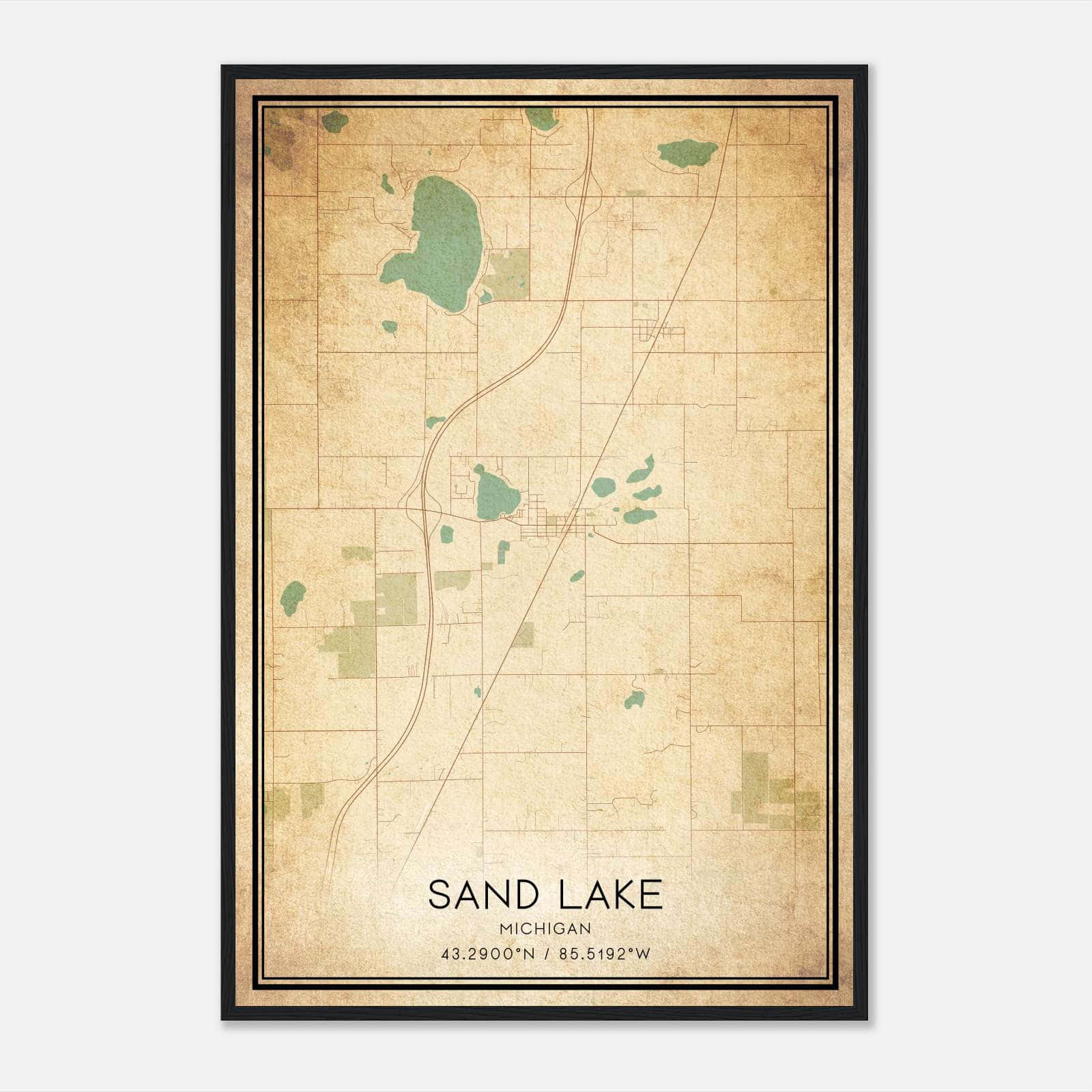 Vintage Sand Lake Michigan Map Poster, Sand Lake MI City Road Wall Art ...