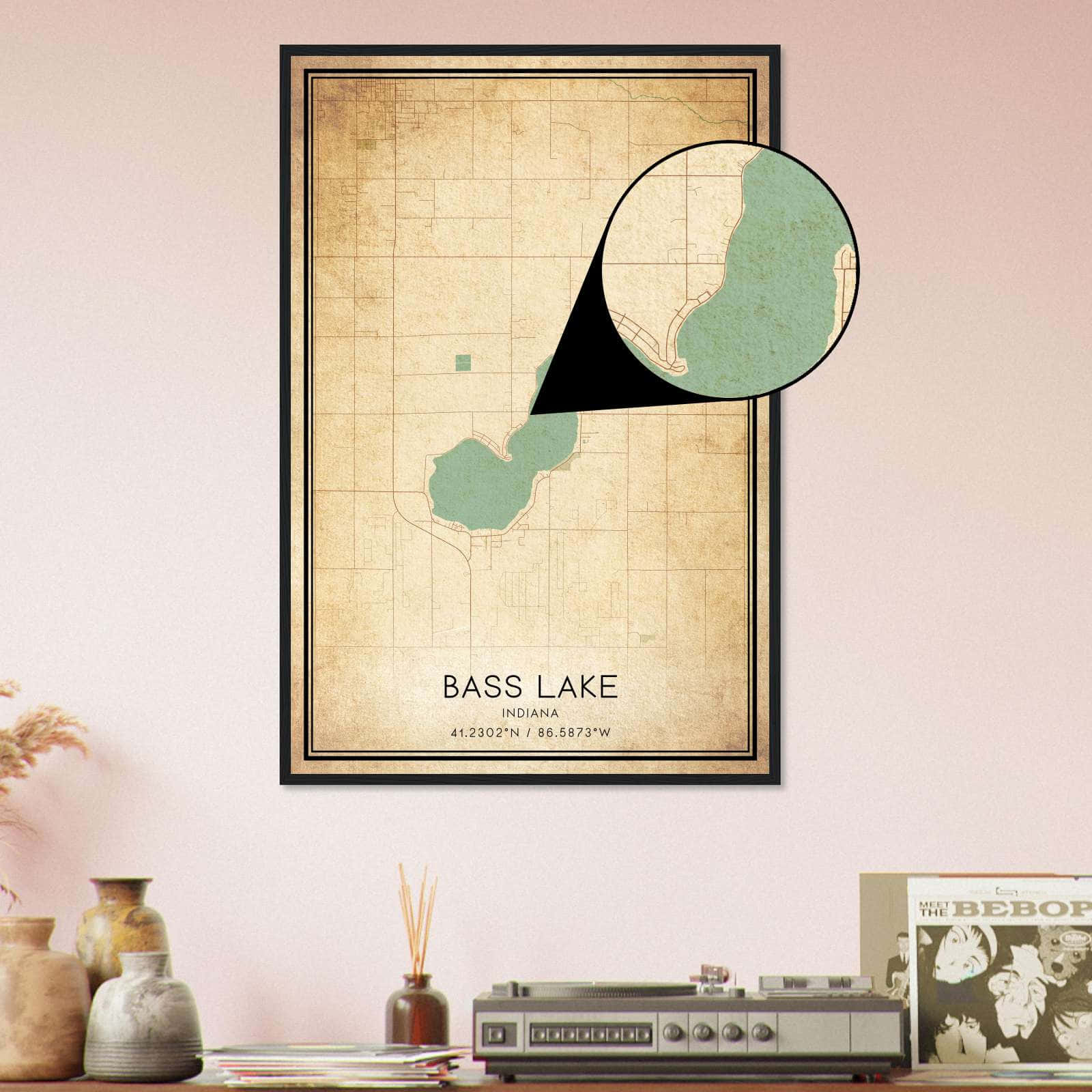 Vintage Bass Lake Indiana Map Poster, Bass Lake IN City Road Wall Art ...