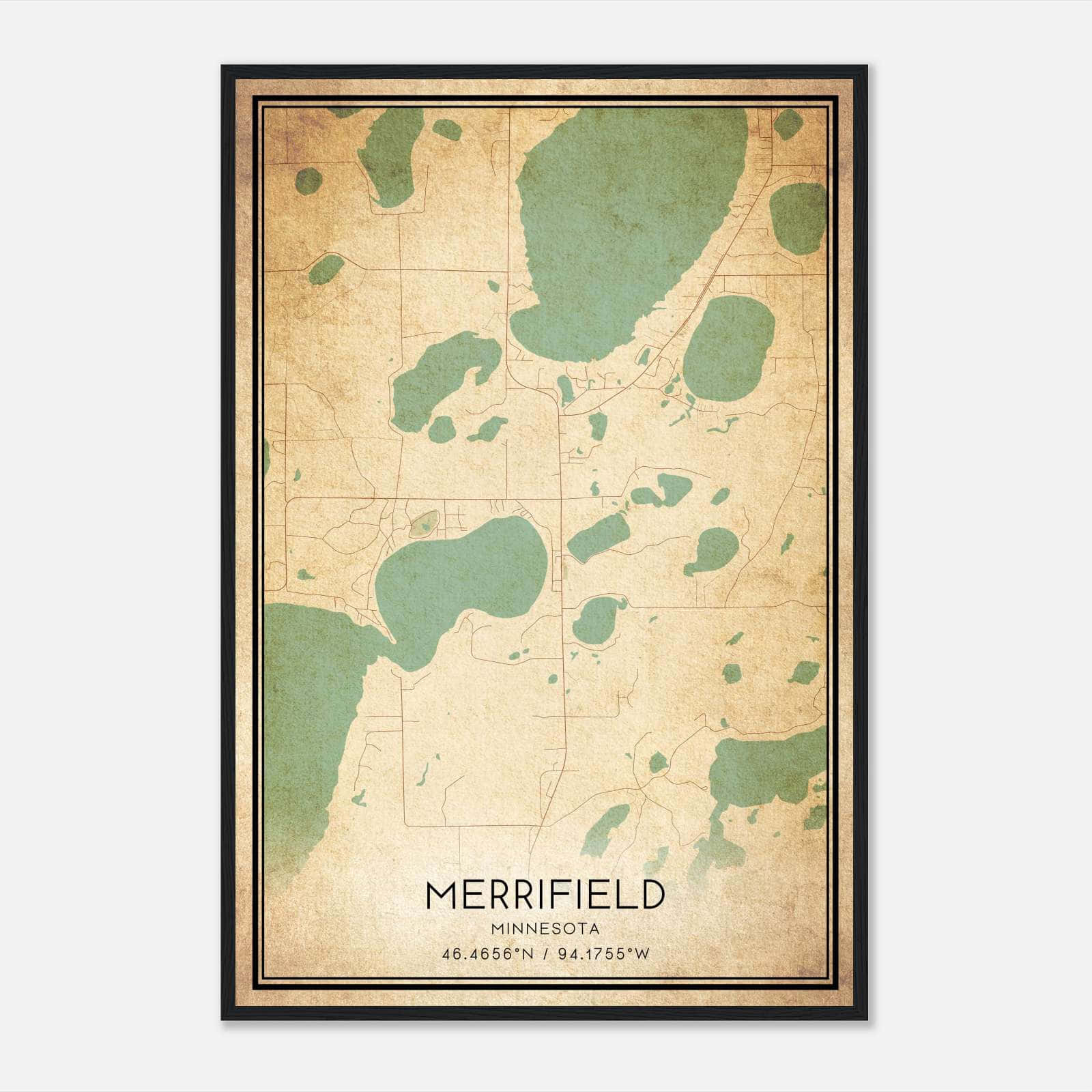 Vintage Merrifield Minnesota Map Poster, Merrifield MN City Road Wall ...
