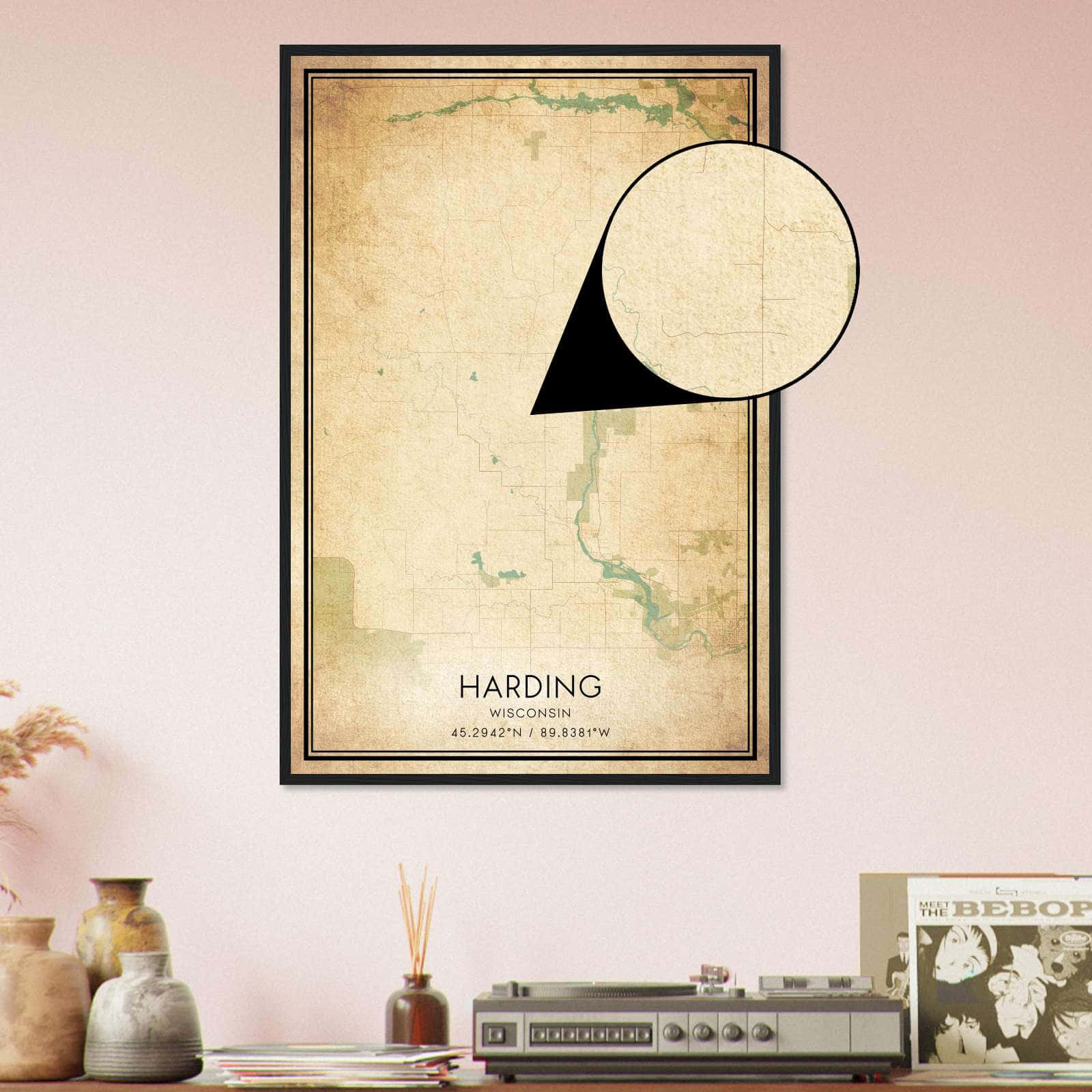 Vintage Harding Wisconsin Map Poster, Harding WI City Road Wall Art ...