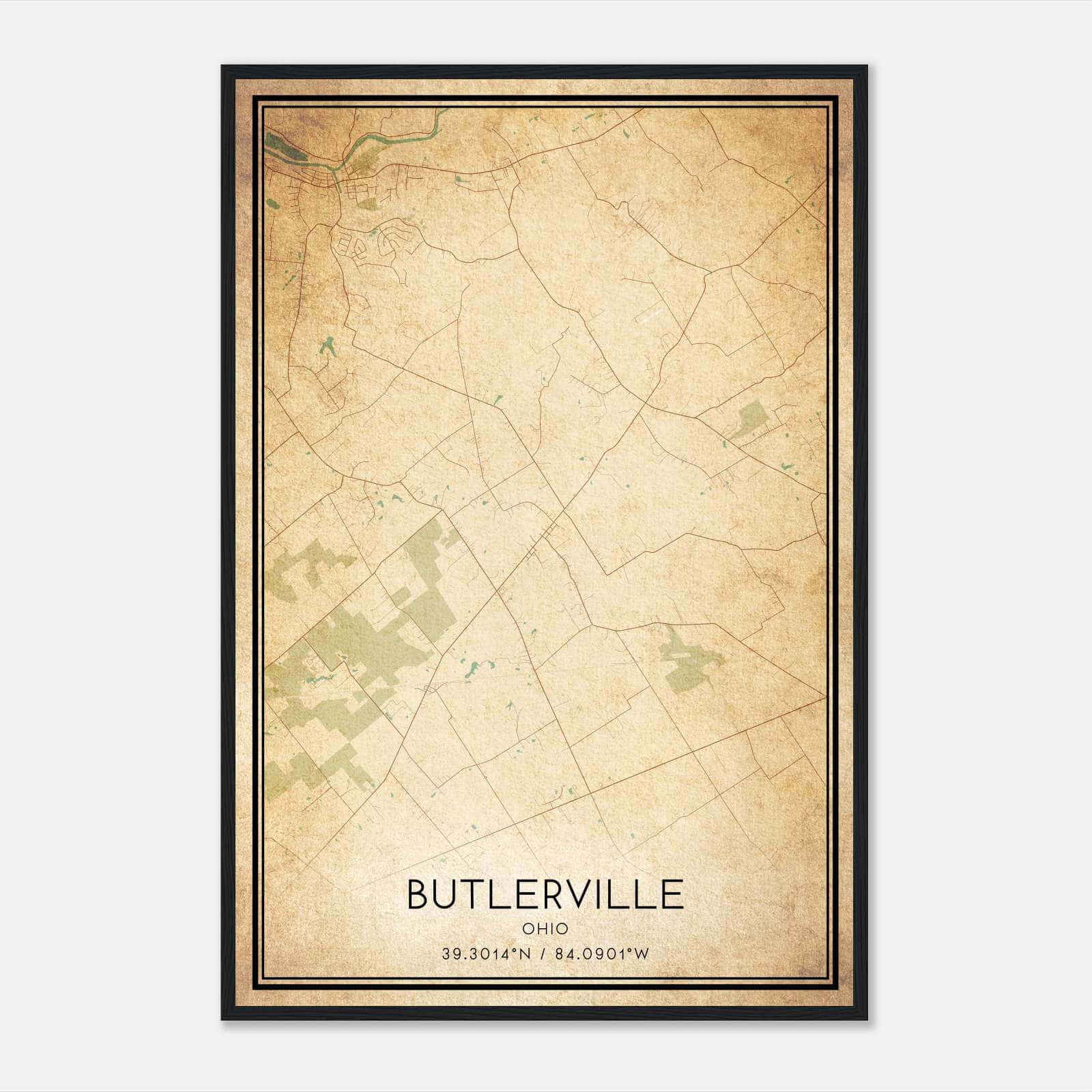 Vintage Butlerville Ohio Map Poster, Butlerville OH City Road Wall Art ...
