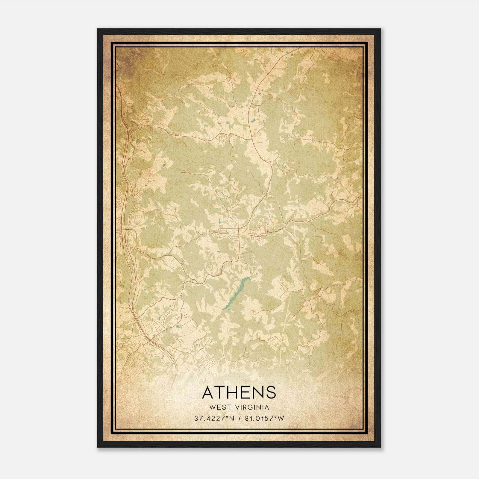 Vintage Athens West Virginia Map Poster, Athens WV City Road Wall Art ...