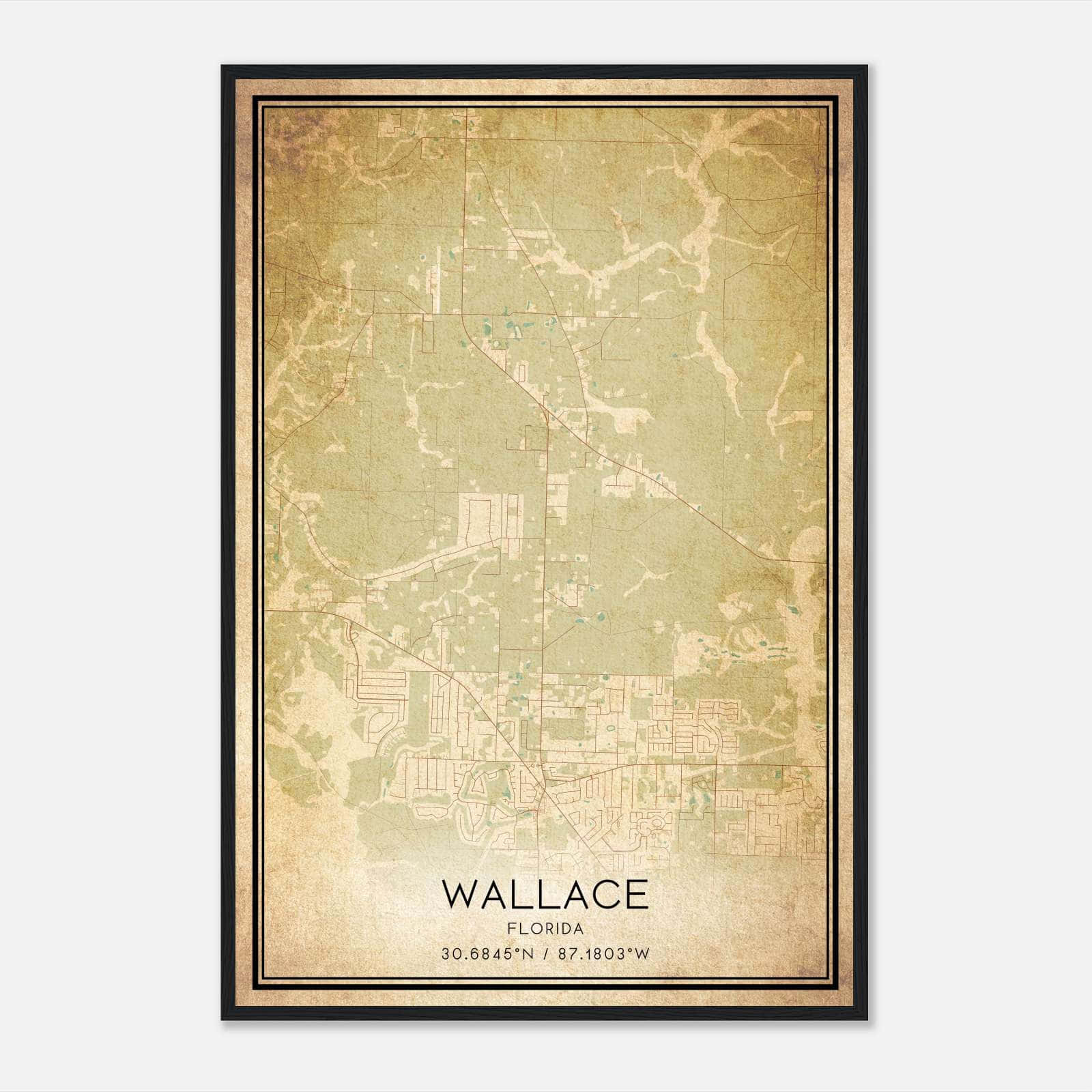 Vintage Wallace Florida Map Poster, Wallace FL City Road Wall Art Print ...