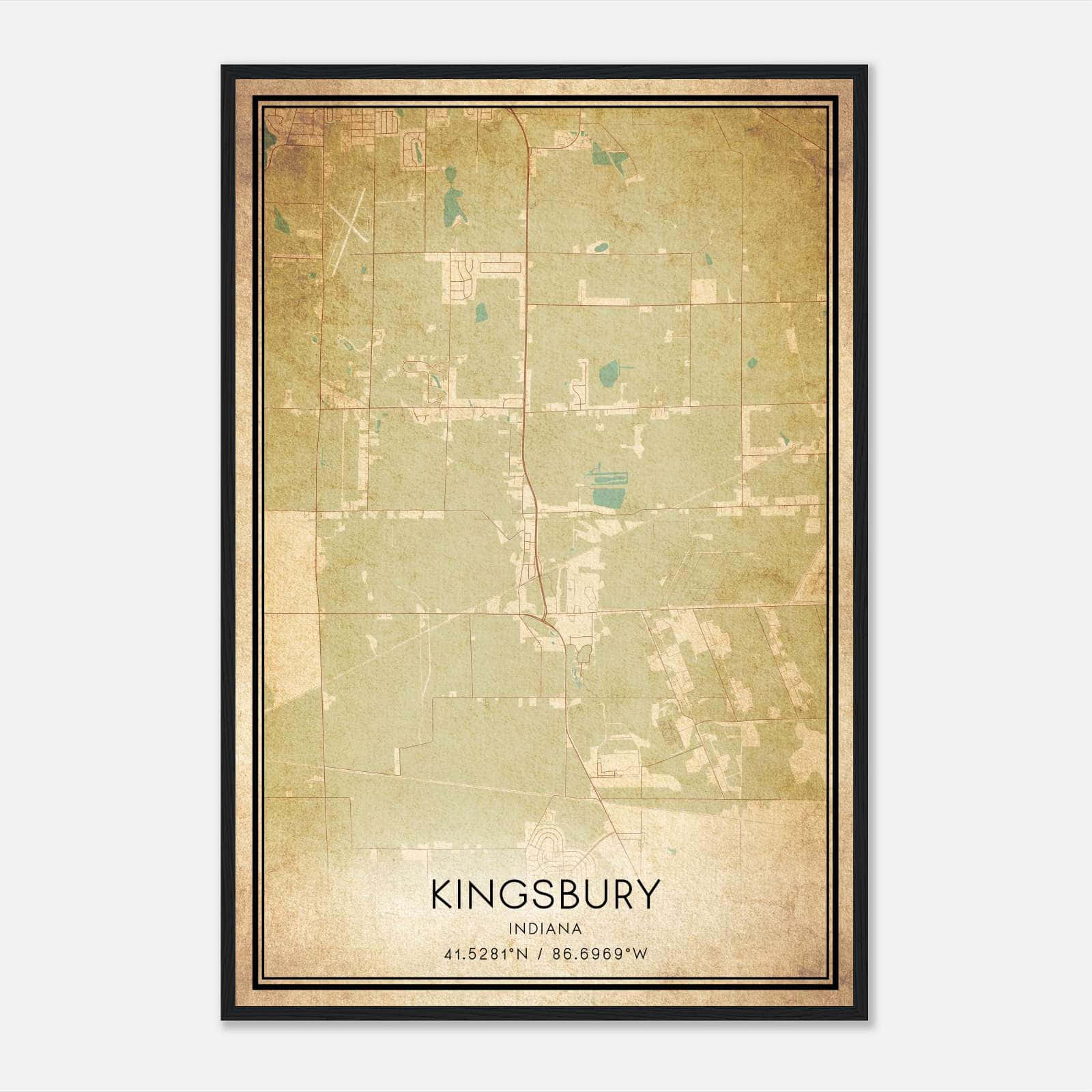 Vintage Kingsbury Indiana Map Poster, Kingsbury IN City Road Wall Art ...