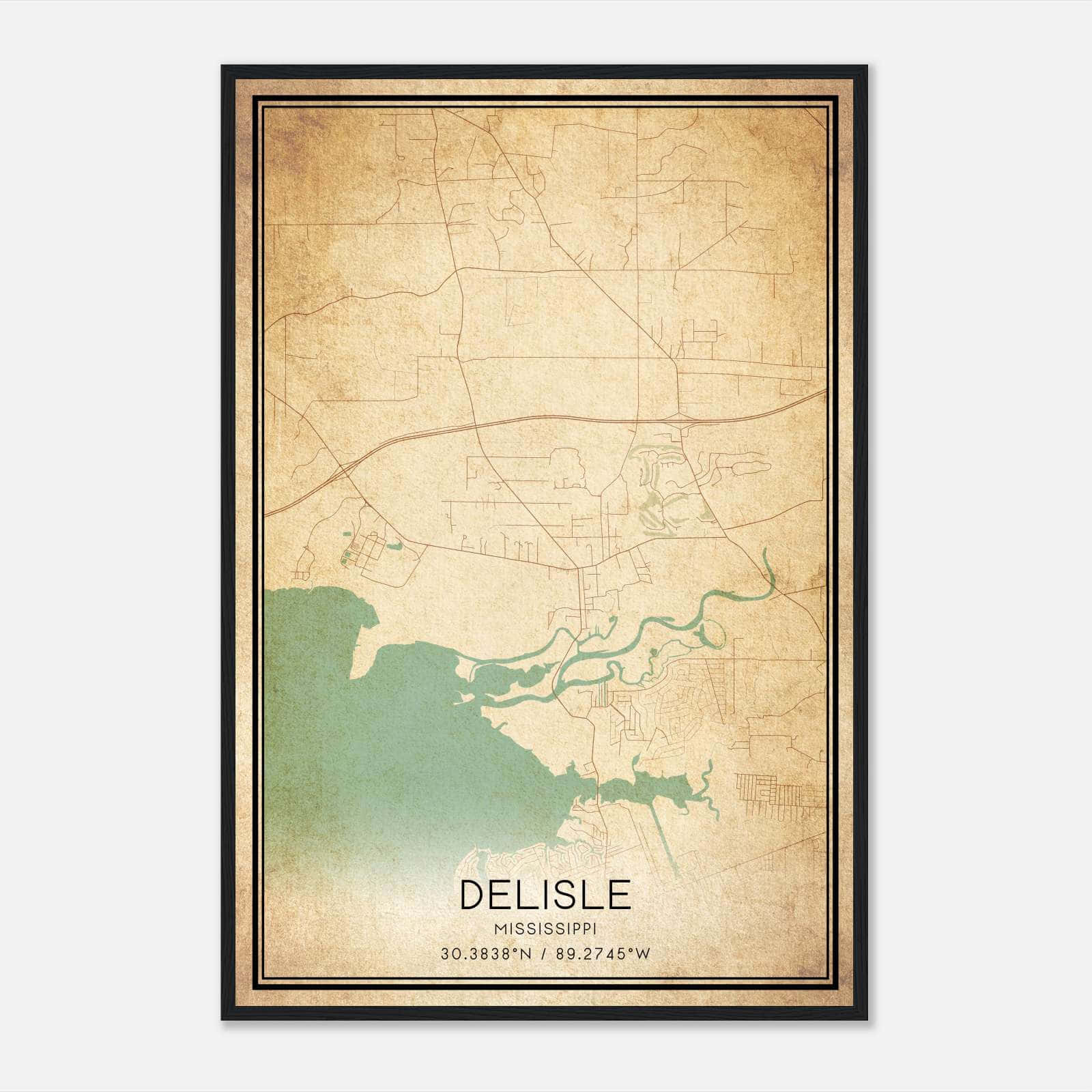 Vintage Delisle Mississippi Map Poster, Delisle MS City Road Wall Art ...