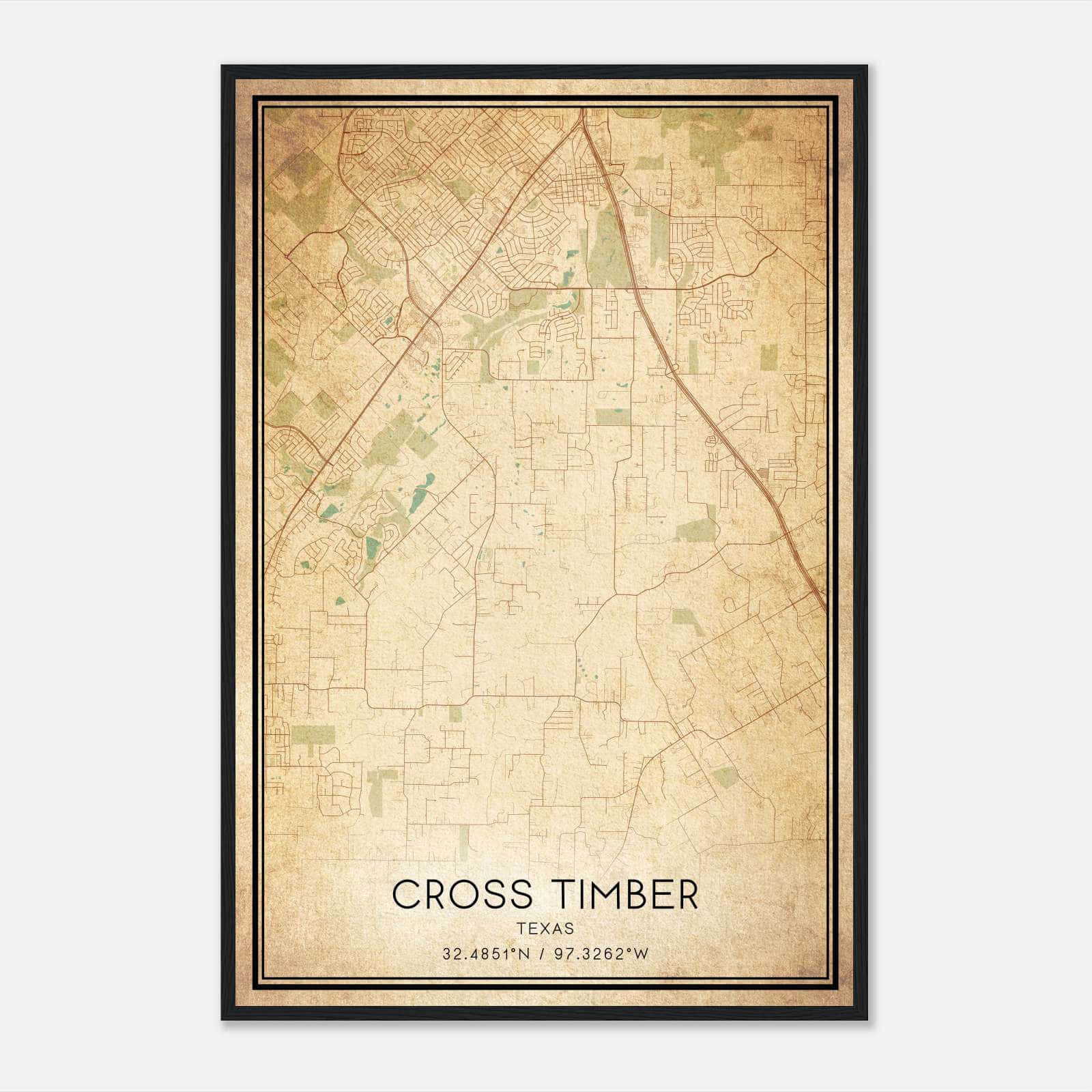 Vintage Cross Timber Texas Map Poster, Cross Timber TX City Road Wall ...