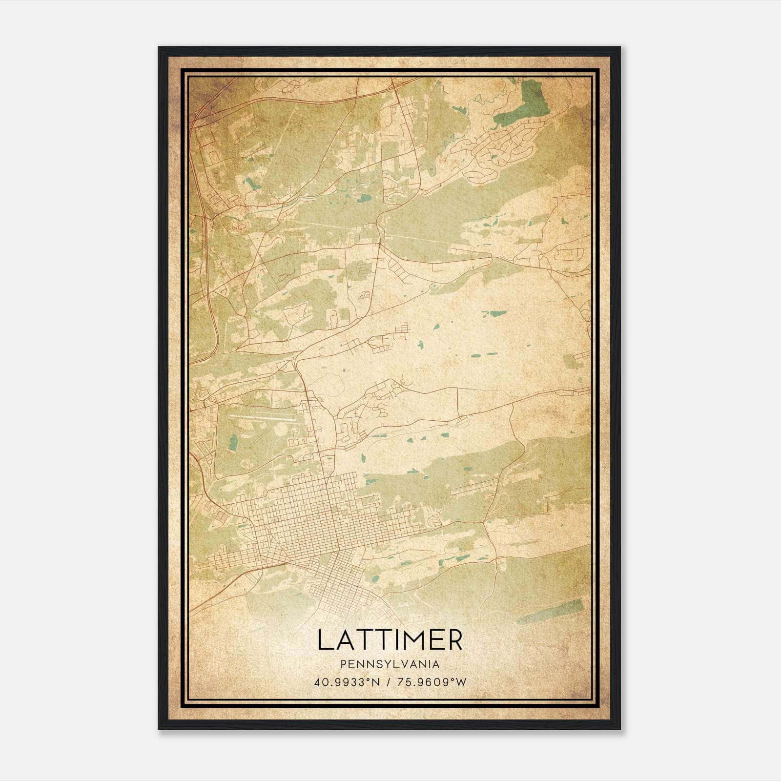 Vintage Lattimer Pennsylvania Map Poster, Lattimer PA City Road Wall ...