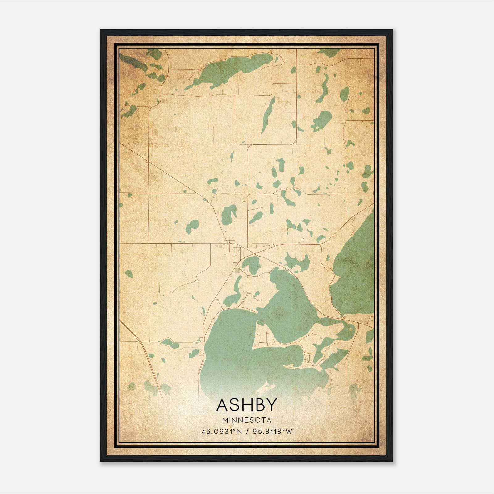 Vintage Ashby Minnesota Map Poster, Ashby MN City Road Wall Art Print ...