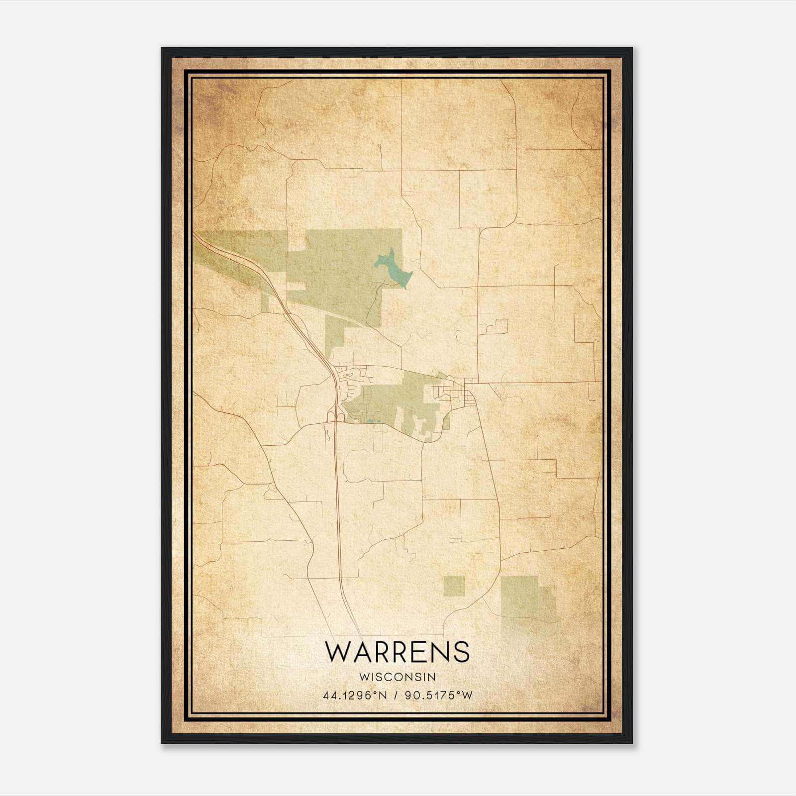 Vintage Warrens Wisconsin Map Poster, Warrens WI City Road Wall Art ...