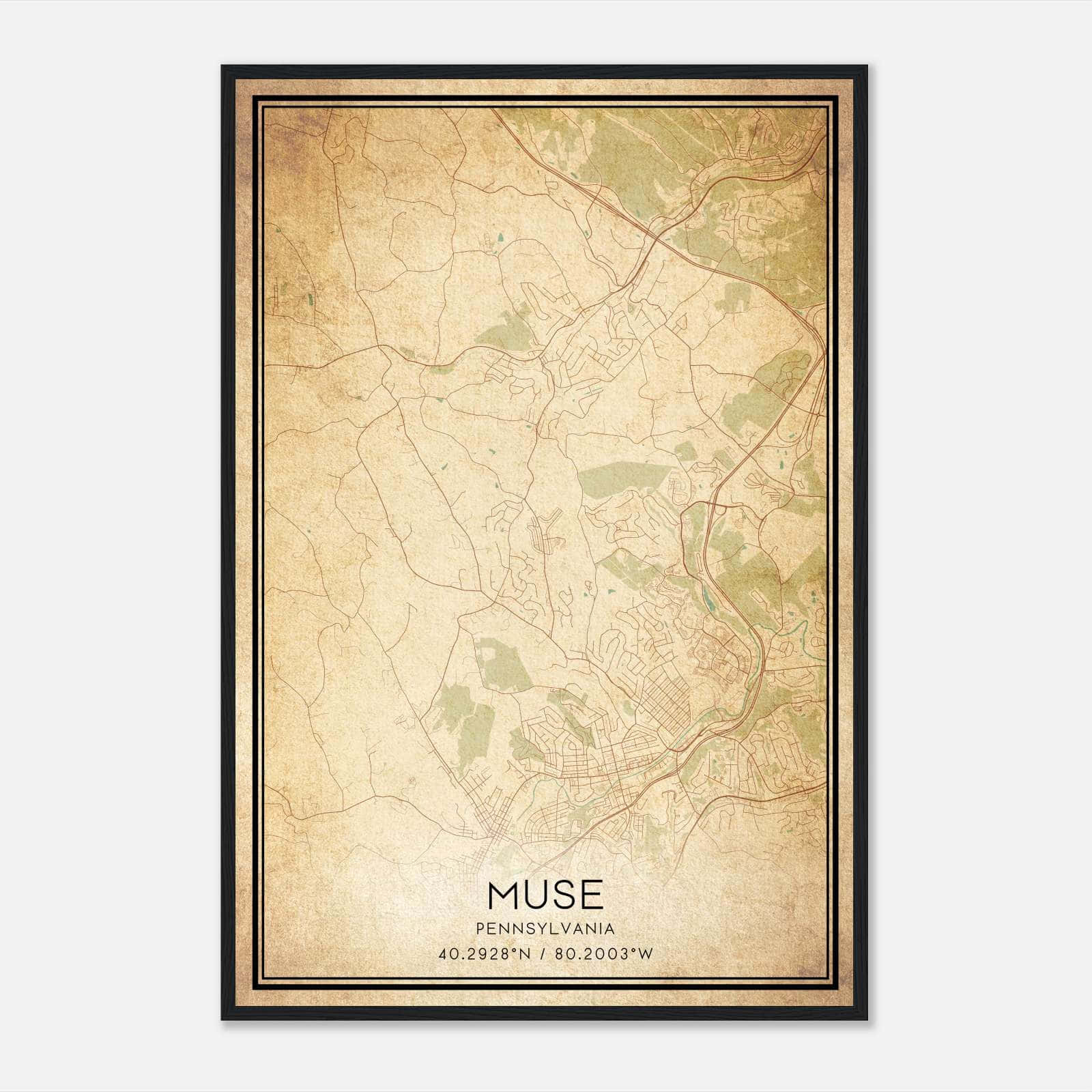 Vintage Muse Pennsylvania Map Poster, Muse PA City Road Wall Art Print ...