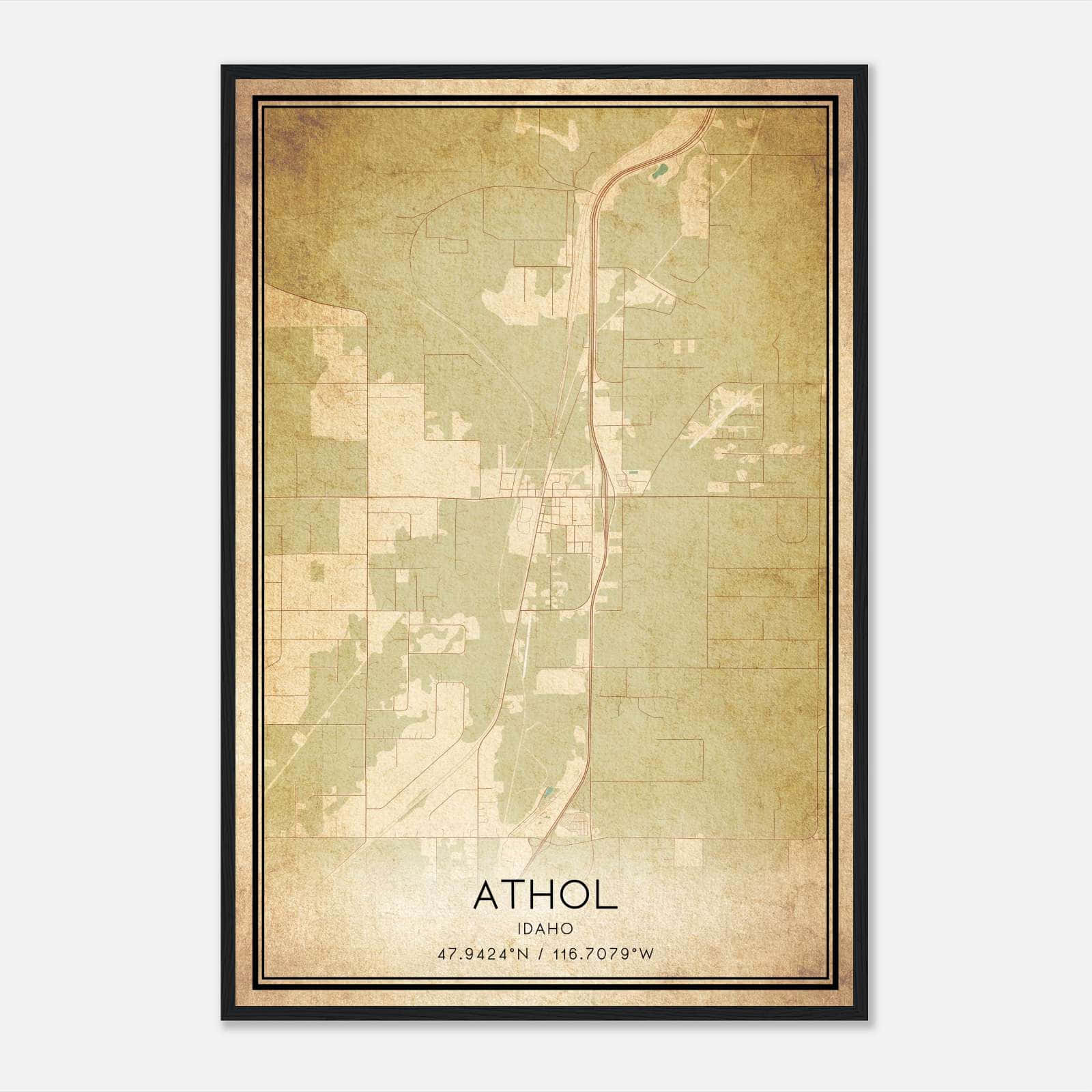 Vintage Athol Idaho Map Poster, Athol ID City Road Wall Art Print ...