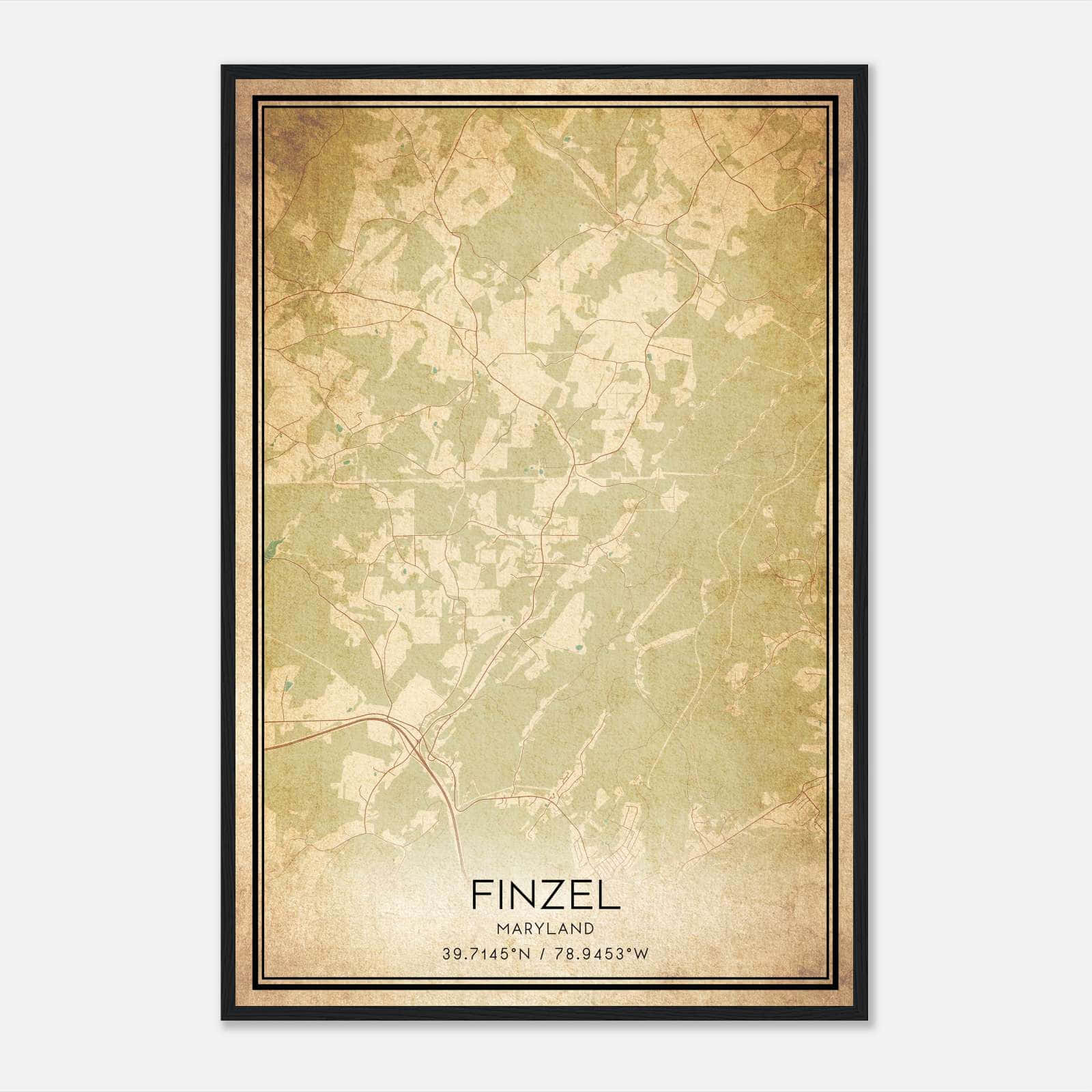 Vintage Finzel Maryland Map Poster, Finzel MD City Road Wall Art Print ...
