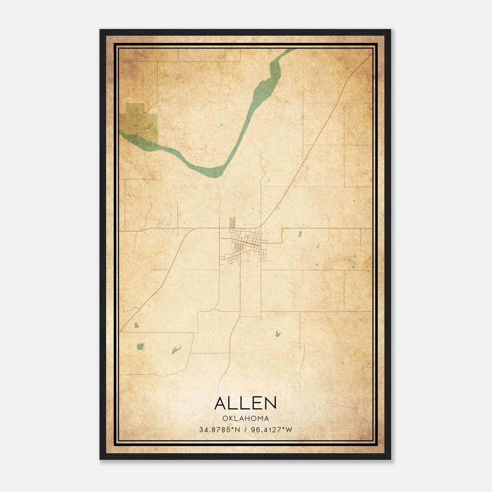 Vintage Allen Oklahoma Map Poster, Allen OK City Road Wall Art Print ...