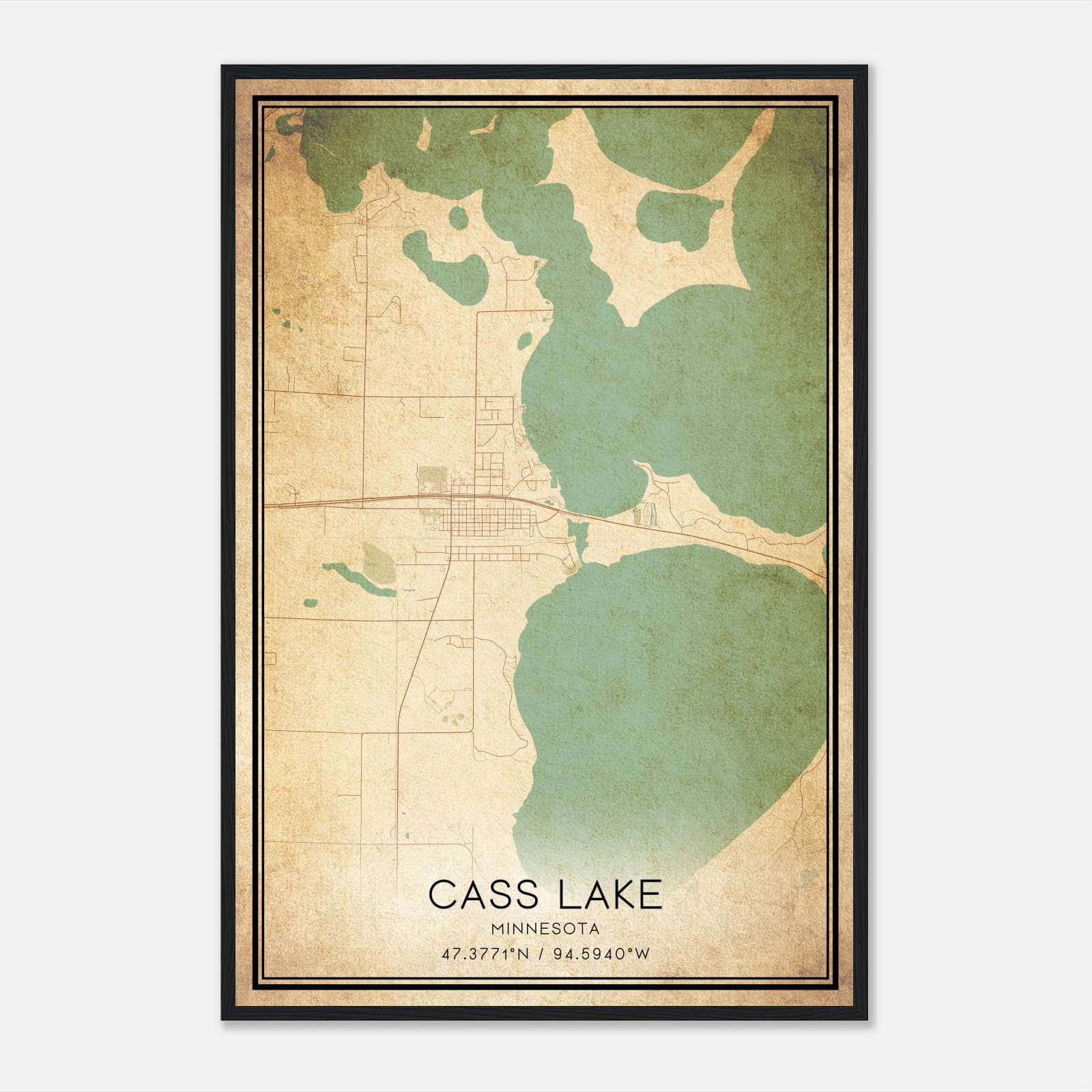 Vintage Cass Lake Minnesota Map Poster, Cass Lake MN City Road Wall Art ...