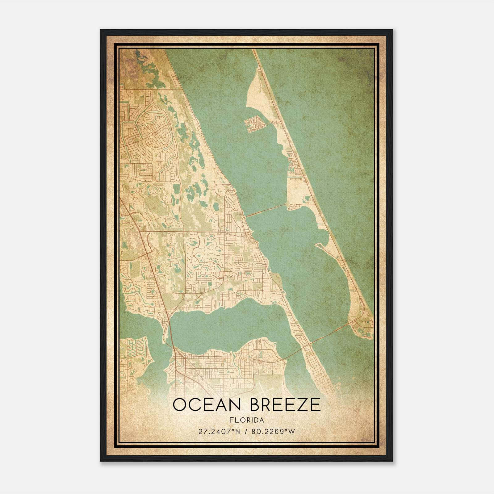 Vintage Ocean Breeze Florida Map Poster, Ocean Breeze FL City Road Wall ...