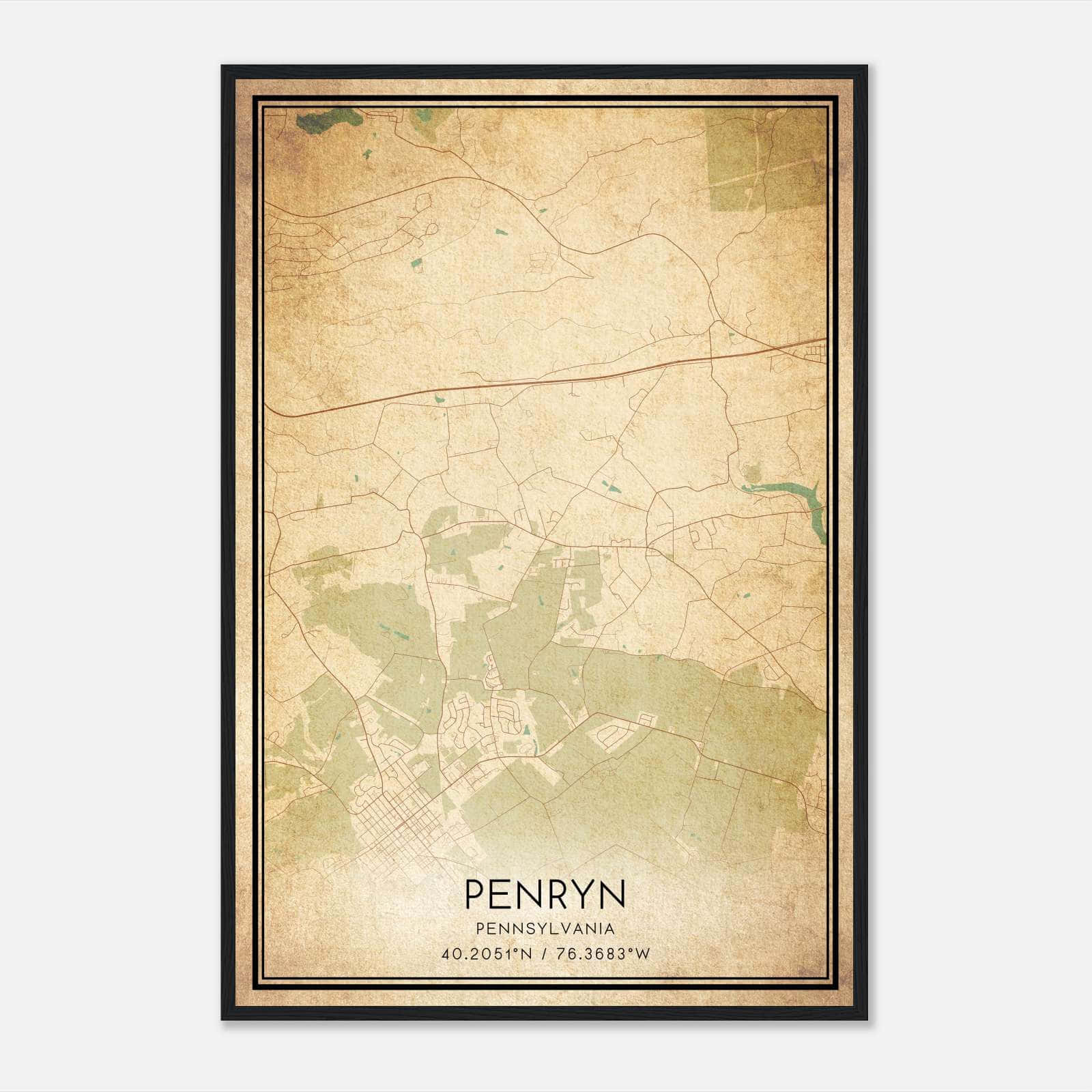 Vintage Penryn Pennsylvania Map Poster, Penryn PA City Road Wall Art ...