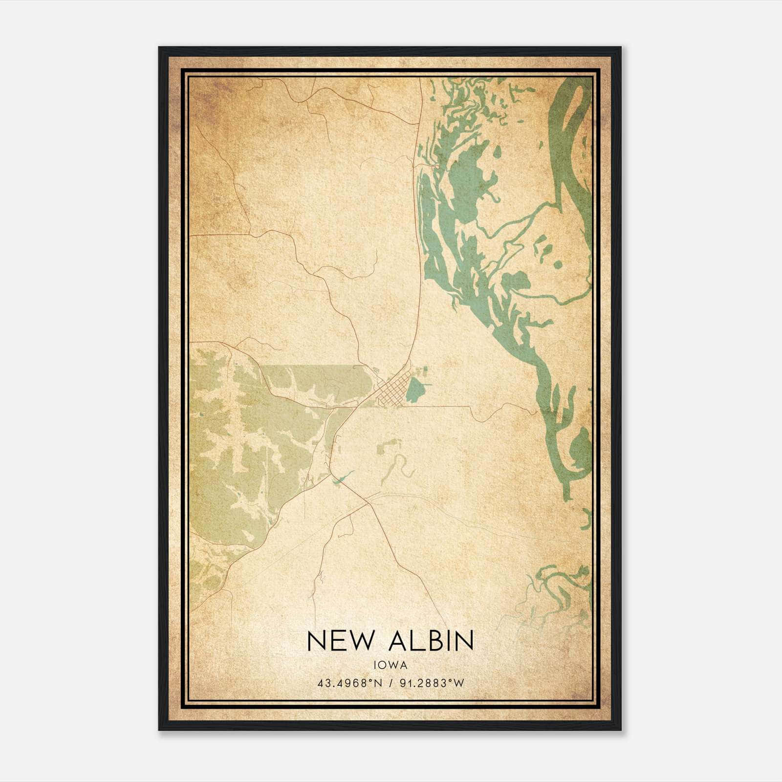 Vintage New Albin Iowa Map Poster, New Albin IA City Road Wall Art ...