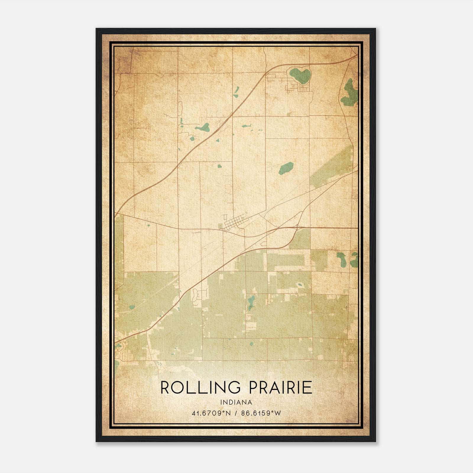 Vintage Rolling Prairie Indiana Map Poster, Rolling Prairie IN City ...