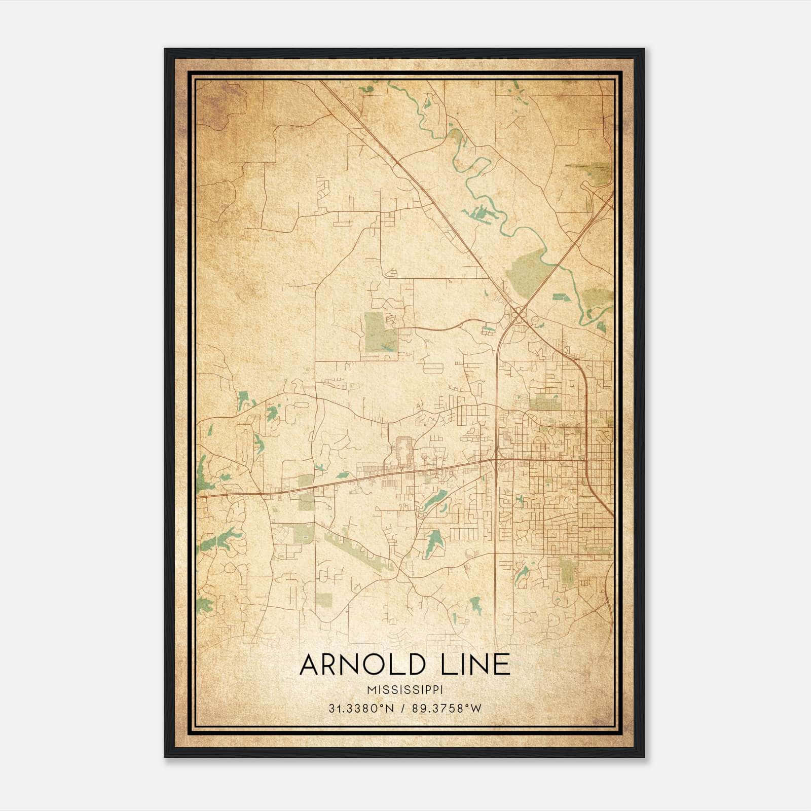Vintage Arnold Line Mississippi Map Poster, Arnold Line MS City Road ...