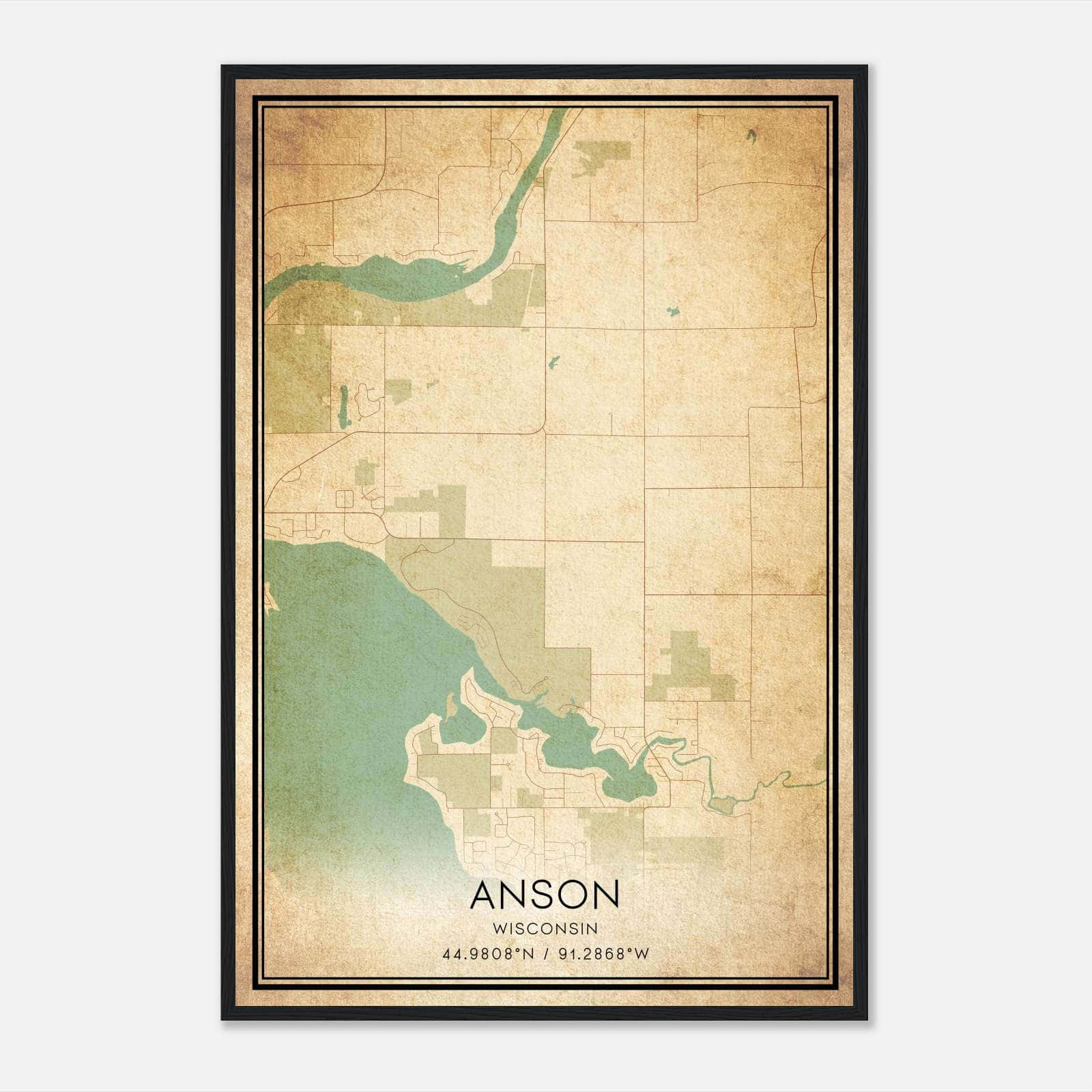 Vintage Anson Wisconsin Map Poster, Anson WI City Road Wall Art Print ...