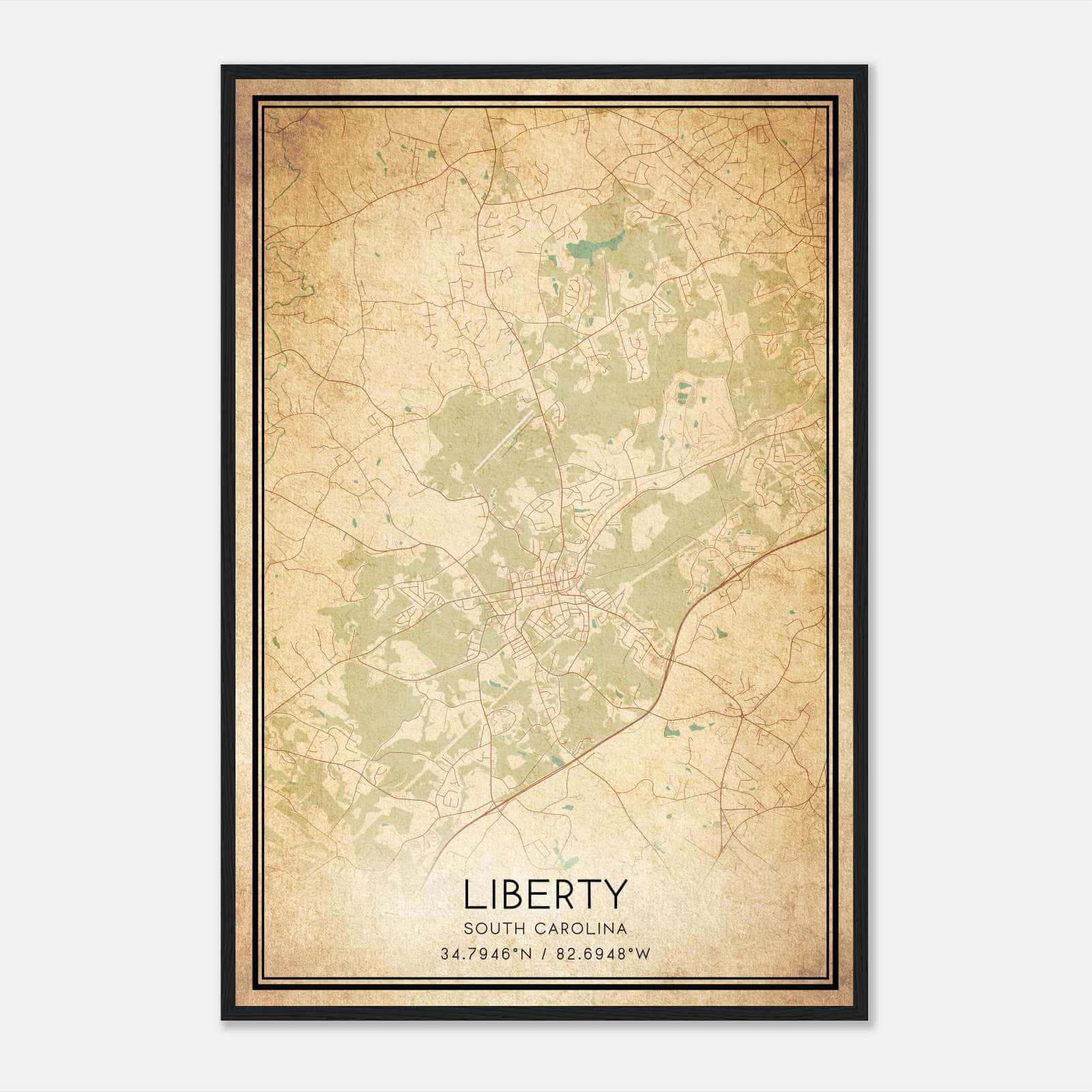 Vintage Liberty South Carolina Map Poster, Liberty SC City Road Wall ...