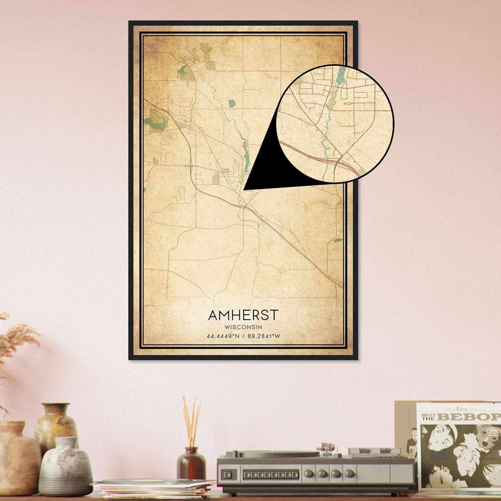 Vintage Amherst Wisconsin Map Poster, Amherst WI City Road Wall Art ...