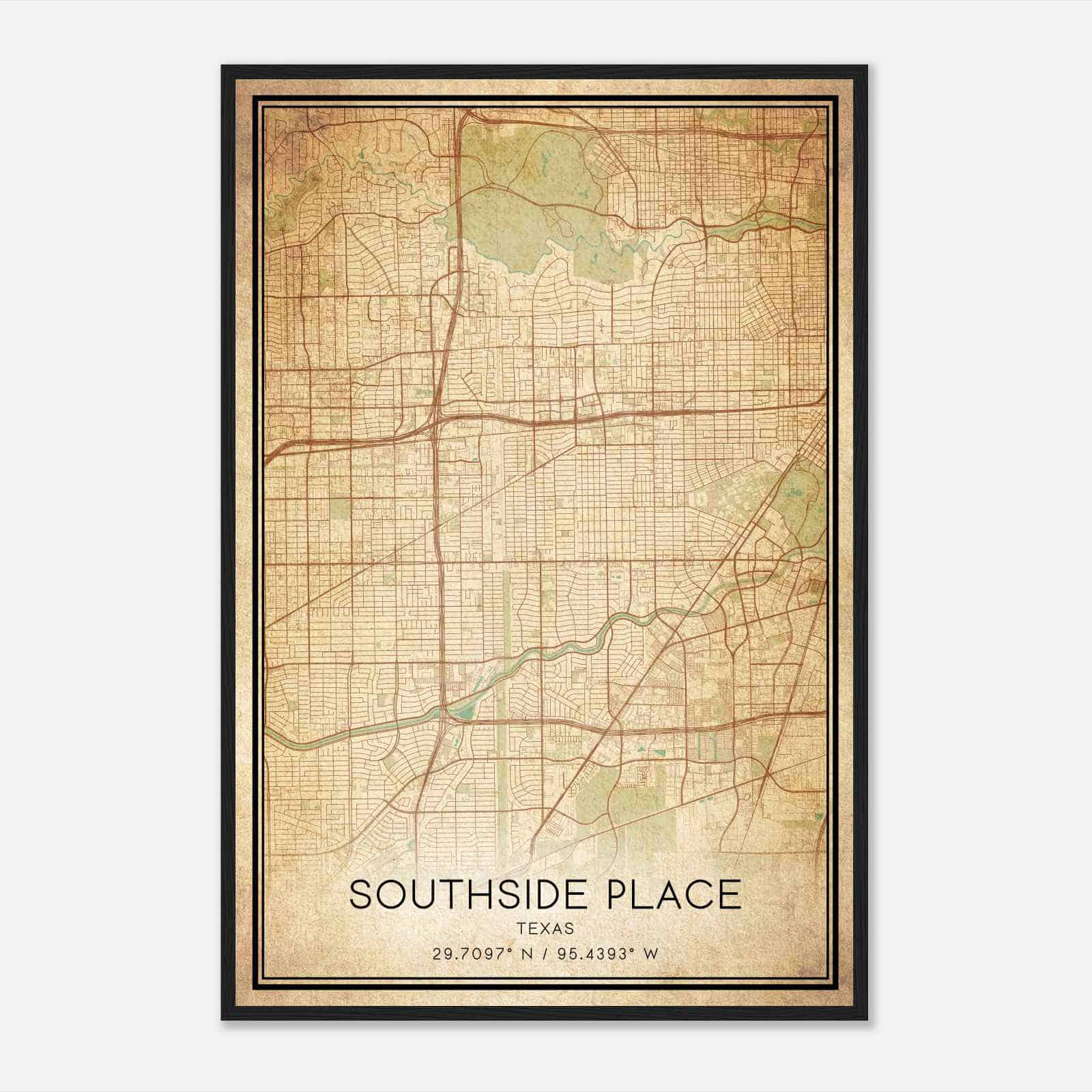 Vintage Southside Place Texas Map Poster, Southside Place TX City Road ...