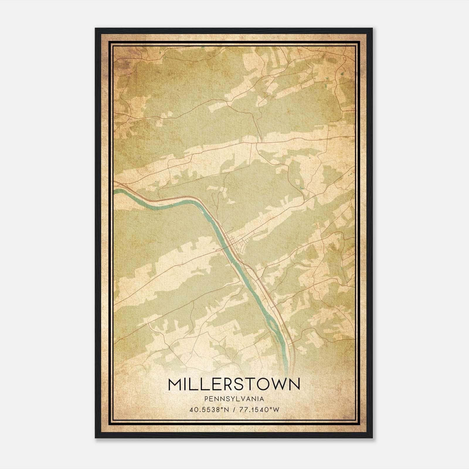 Vintage Millerstown Pennsylvania Map Poster, Millerstown PA City Road ...
