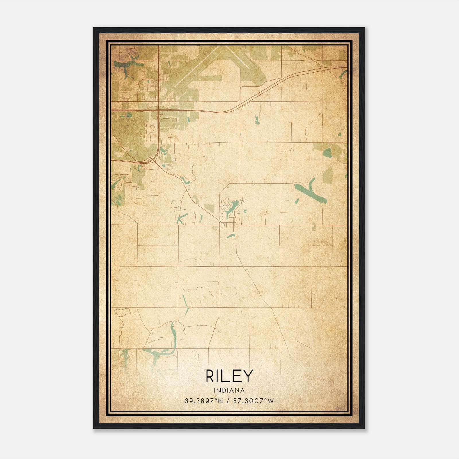Vintage Riley Indiana Map Poster, Riley IN City Road Wall Art Print ...
