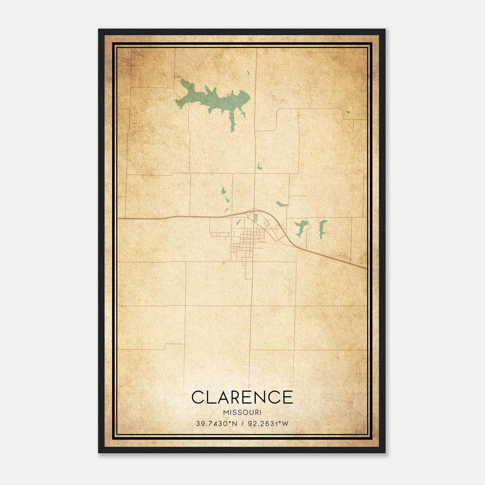 Vintage Clarence Missouri Map Poster, Clarence MO City Road Wall Art Print - Custom Maps & Posters