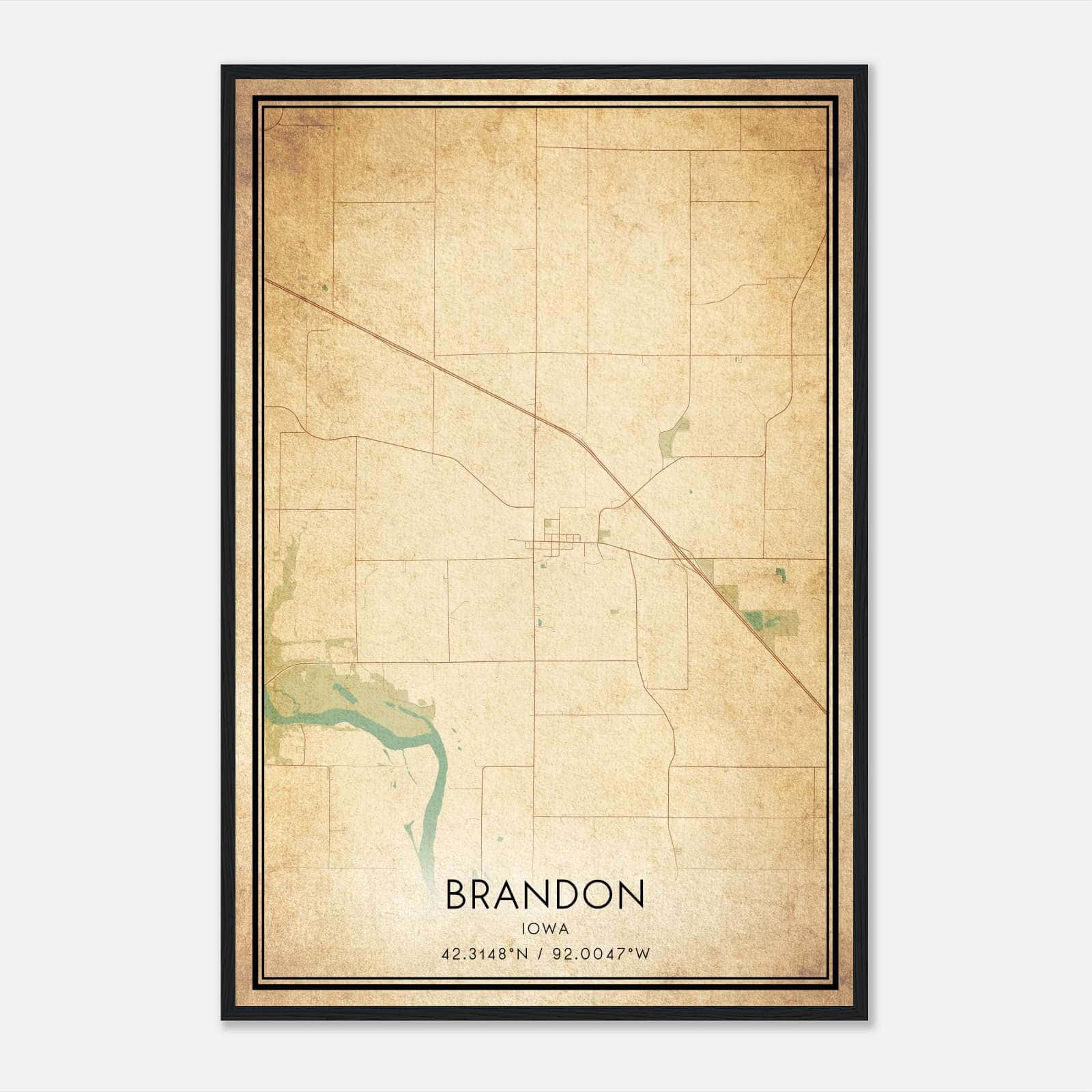 Vintage Brandon Iowa Map Poster, Brandon IA City Road Wall Art Print ...