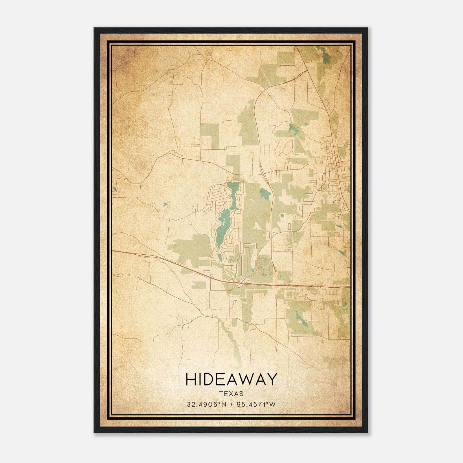 Vintage Hideaway Texas Map Poster, Hideaway TX City Road Wall Art Print ...