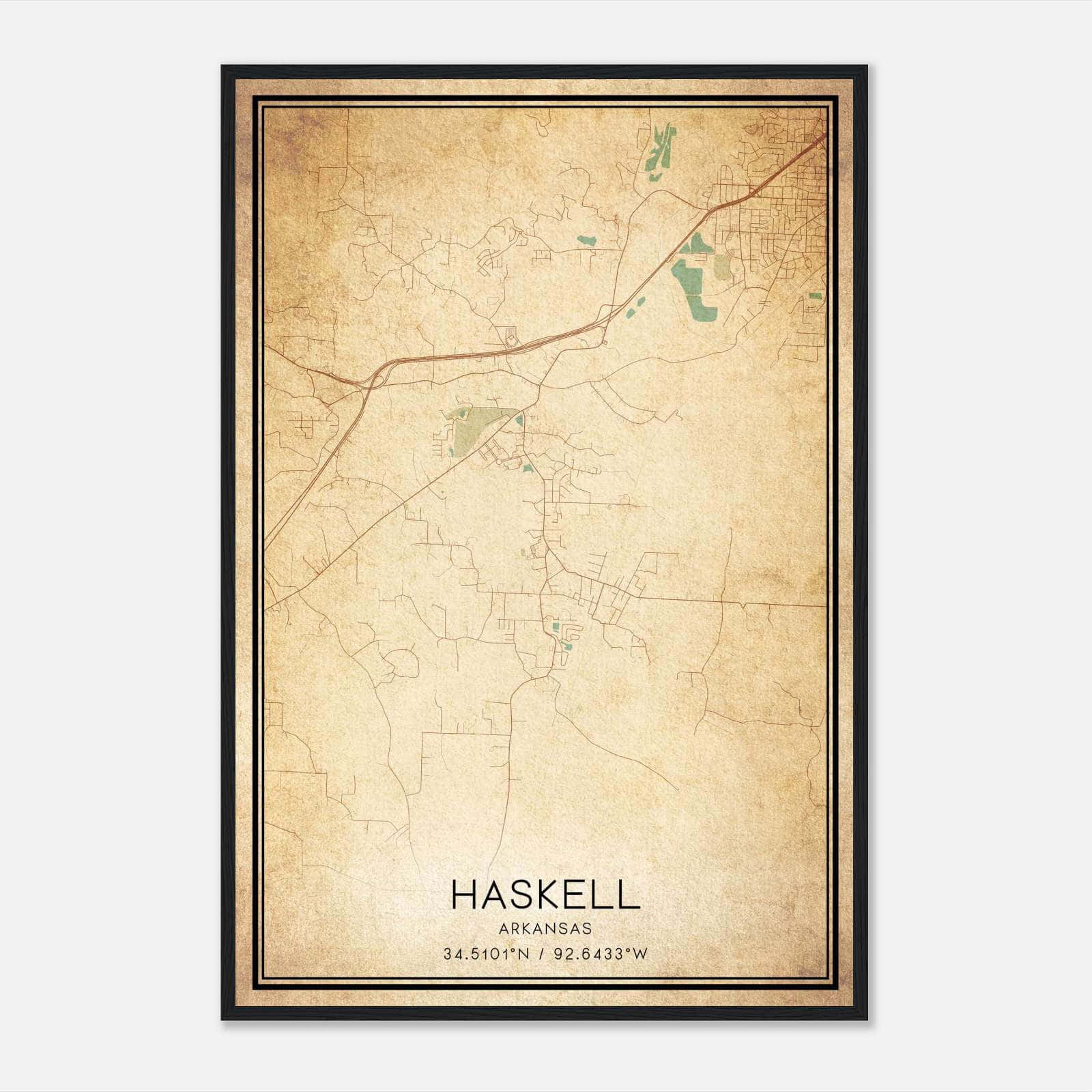 Vintage Haskell Arkansas Map Poster, Haskell AR City Road Wall Art Print - Custom Maps & Posters