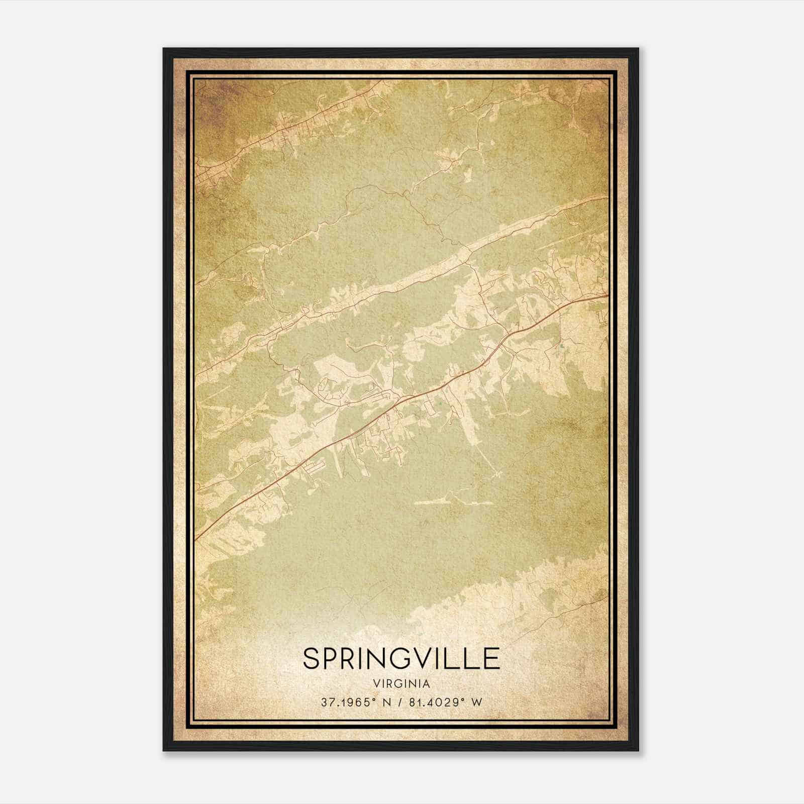 Vintage Springville Virginia Map Poster, Springville VA City Road Wall ...