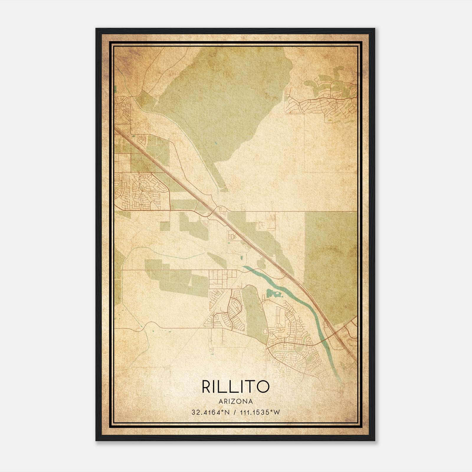 Vintage Rillito Arizona Map Poster, Rillito AZ City Road Wall Art Print ...