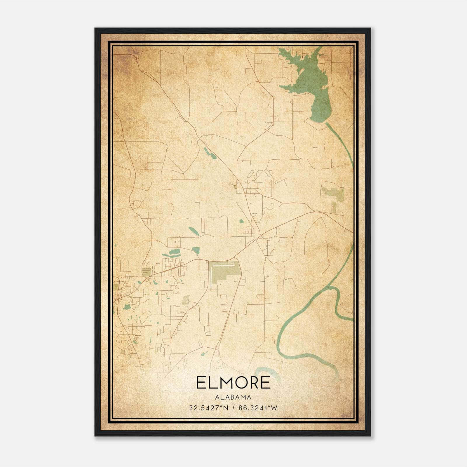 Vintage Elmore Alabama Map Poster, Elmore AL City Road Wall Art Print - Custom Maps & Posters