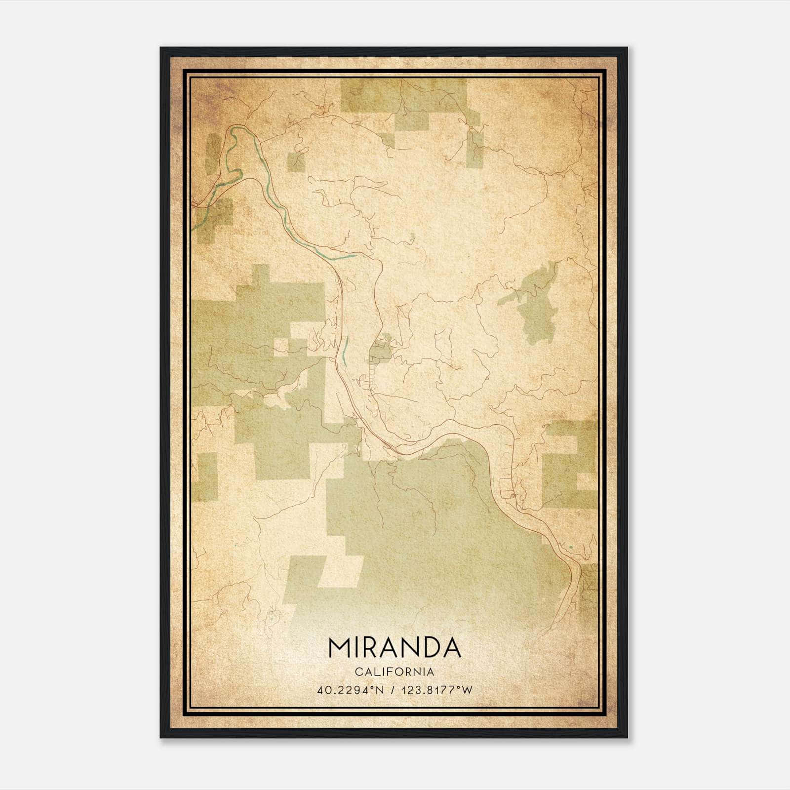 Vintage Miranda California Map Poster, Miranda CA City Road Wall Art Print - Custom Maps & Posters